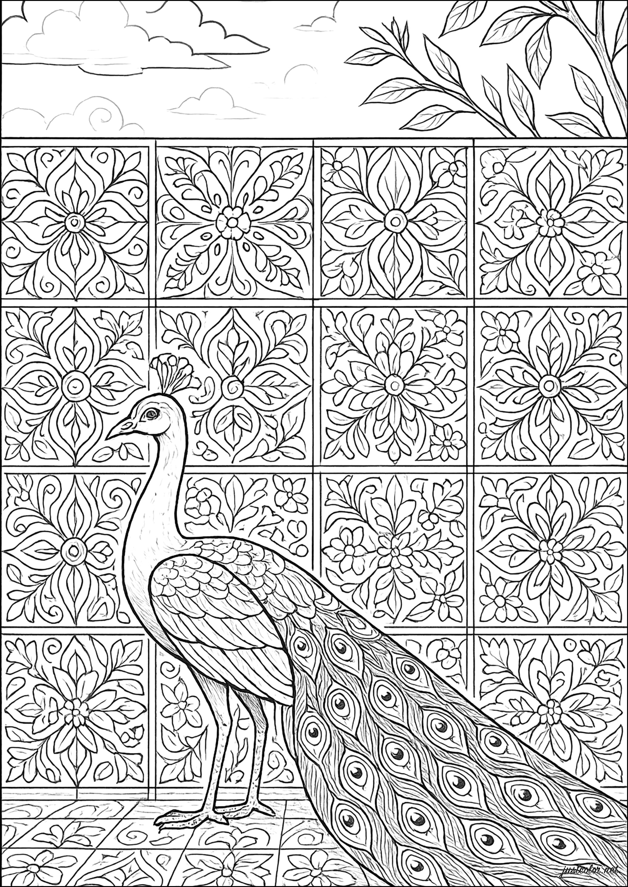 Paon majestueux parmi les Azulejos - Coloriages d'Azulejos à imprimer