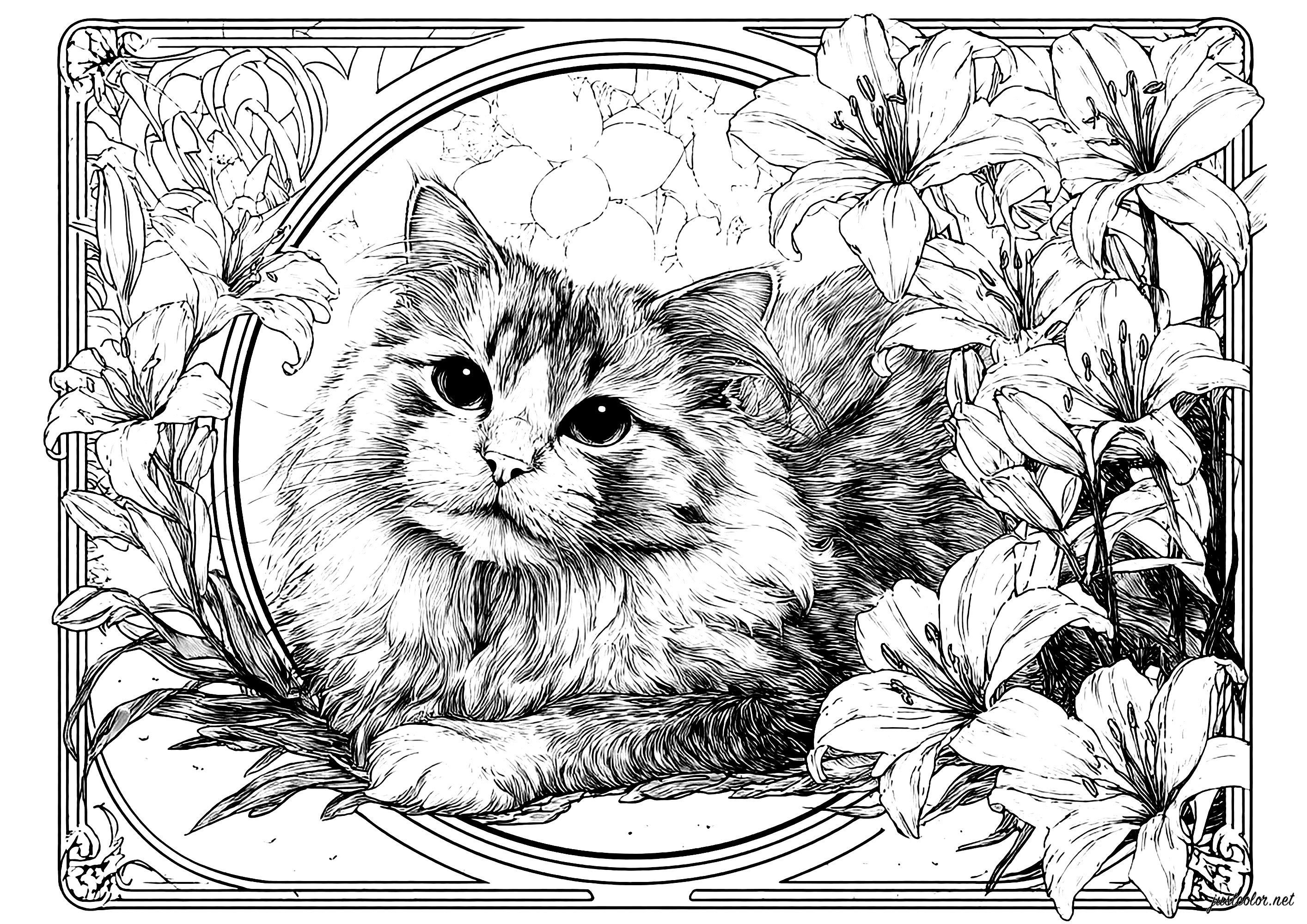 Douceur féline parmi des fleurs - Coloriages de Chats à imprimer pour ...