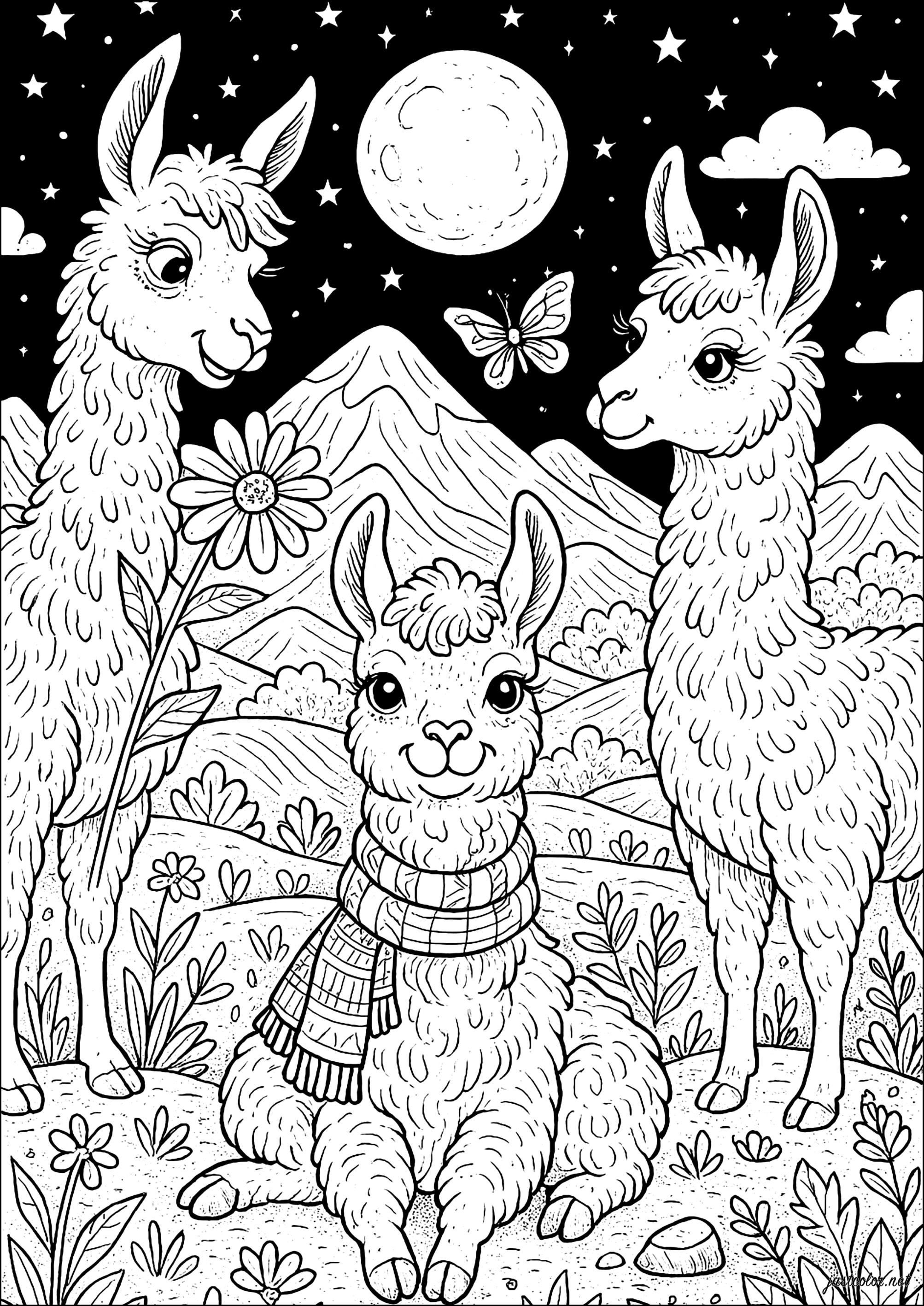 Trio de Lamas sous la Lune - Coloriages de Lamas à imprimer pour adultes