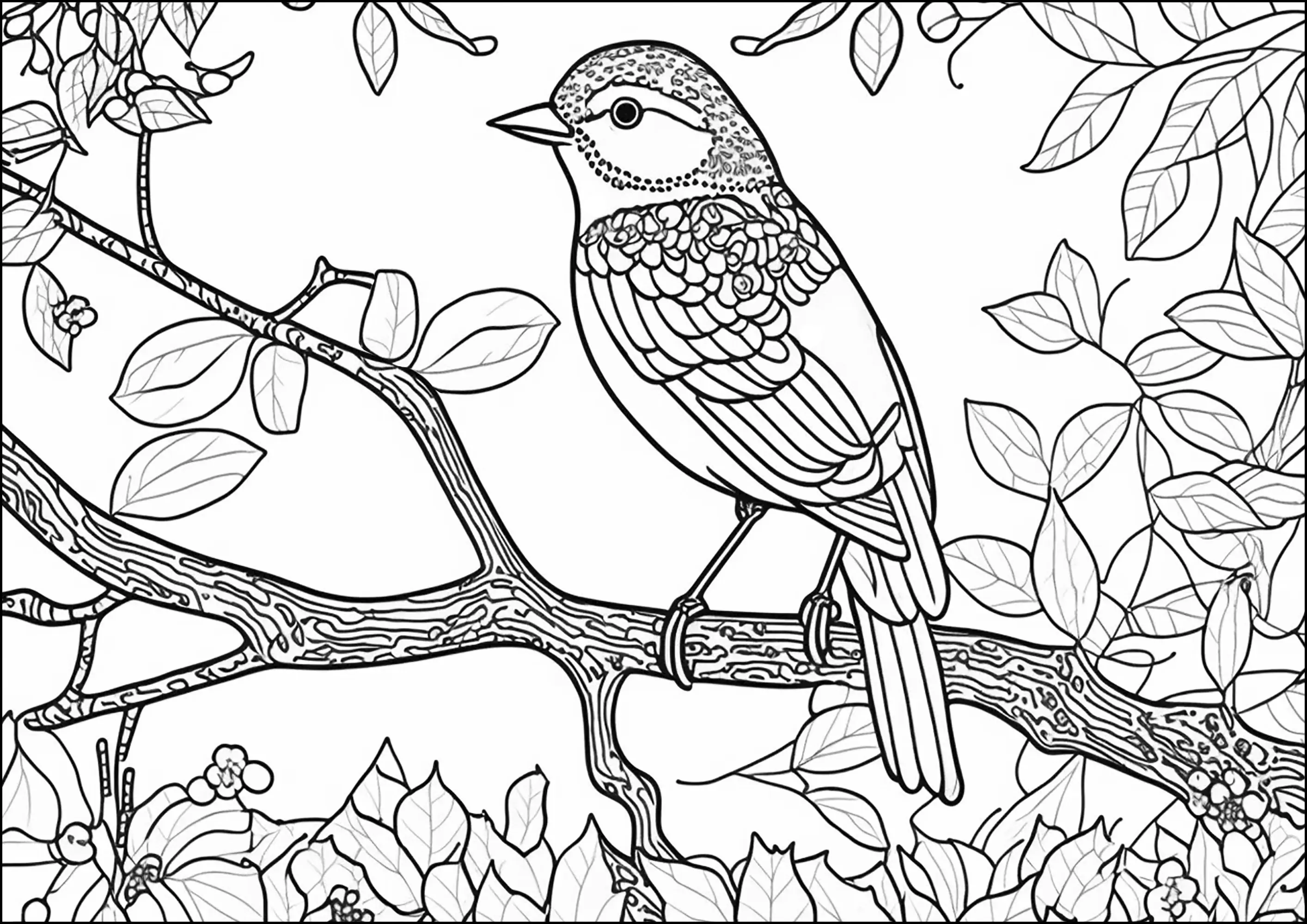 Oiseau sur une branche, avec jolies feuilles - Coloriages d'Oiseaux à ...