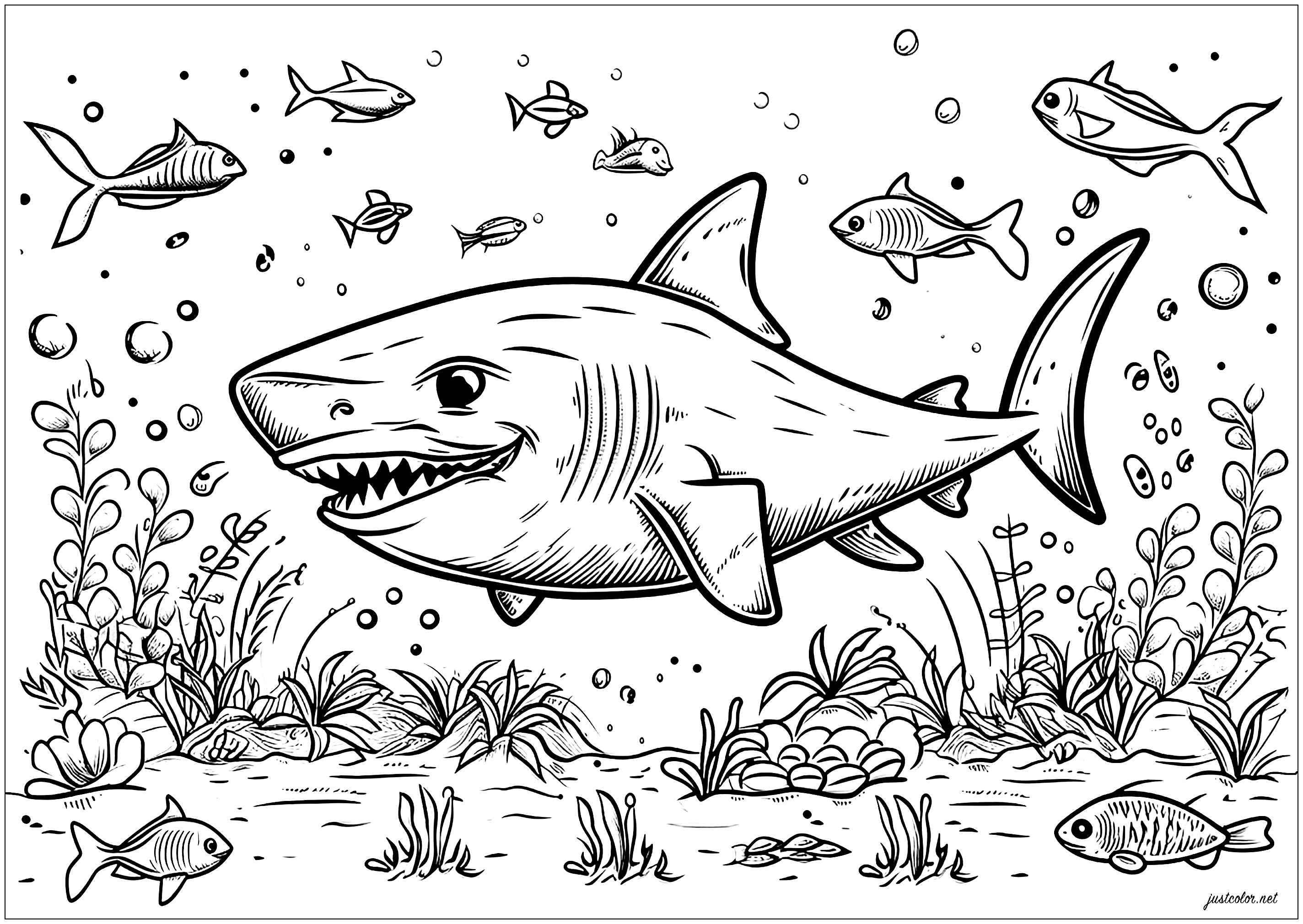 Grand requin et petits poissons l'entourant - Coloriages de Requins à ...