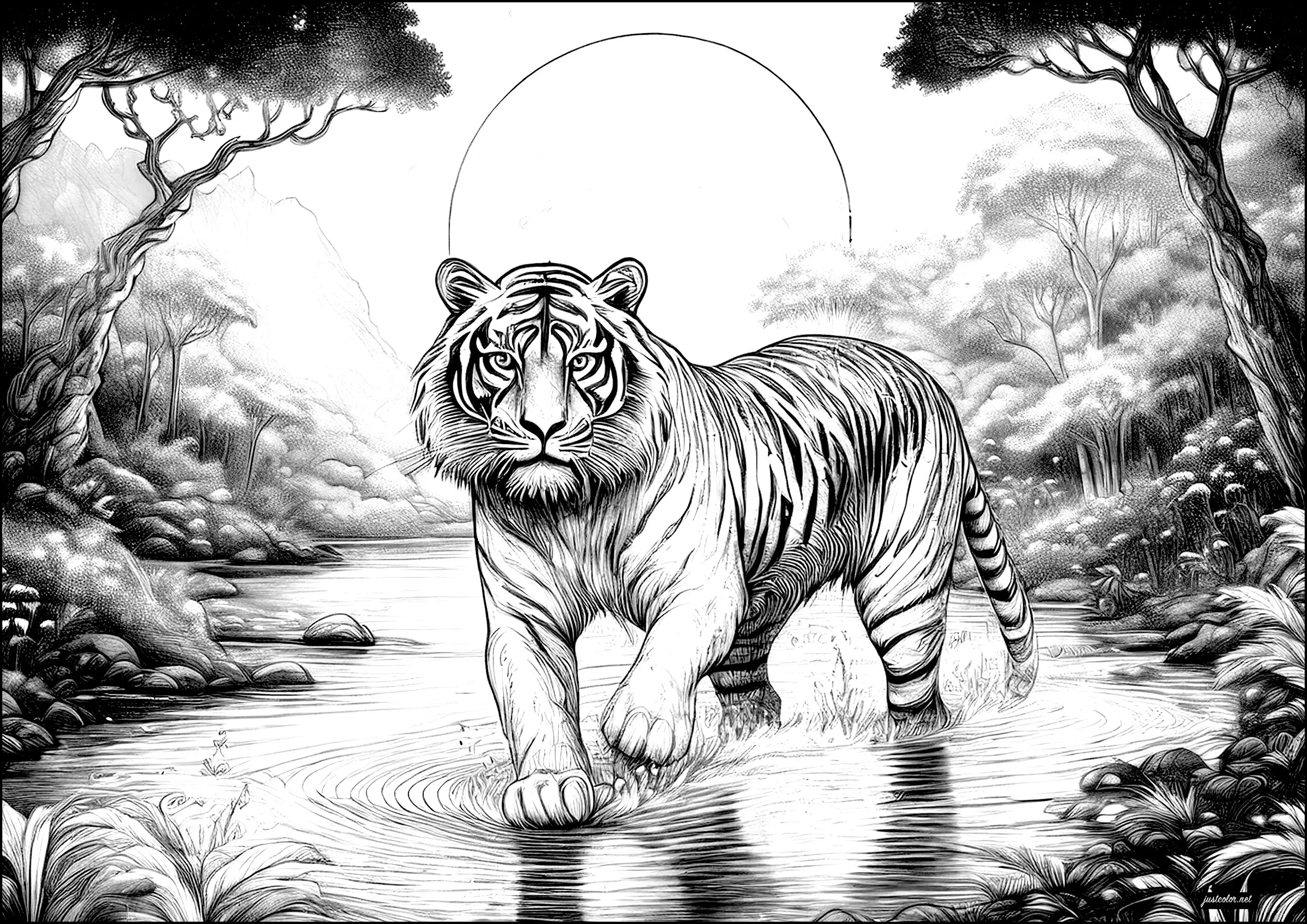 Tigre sur coucher de soleil - Coloriages de Tigres à imprimer pour adultes