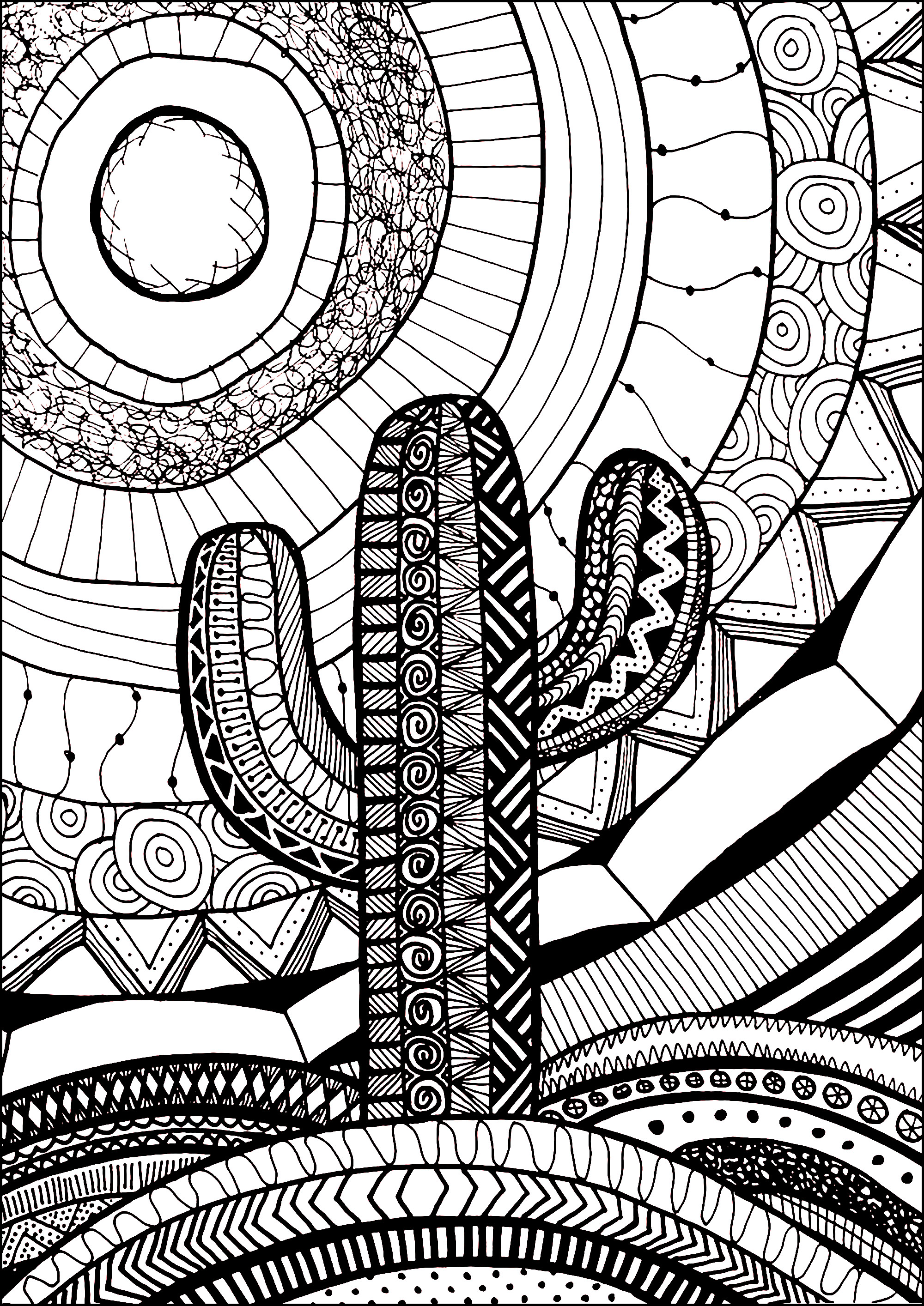 Cactus sous le soleil - Coloriages de Zentangle à imprimer pour adultes