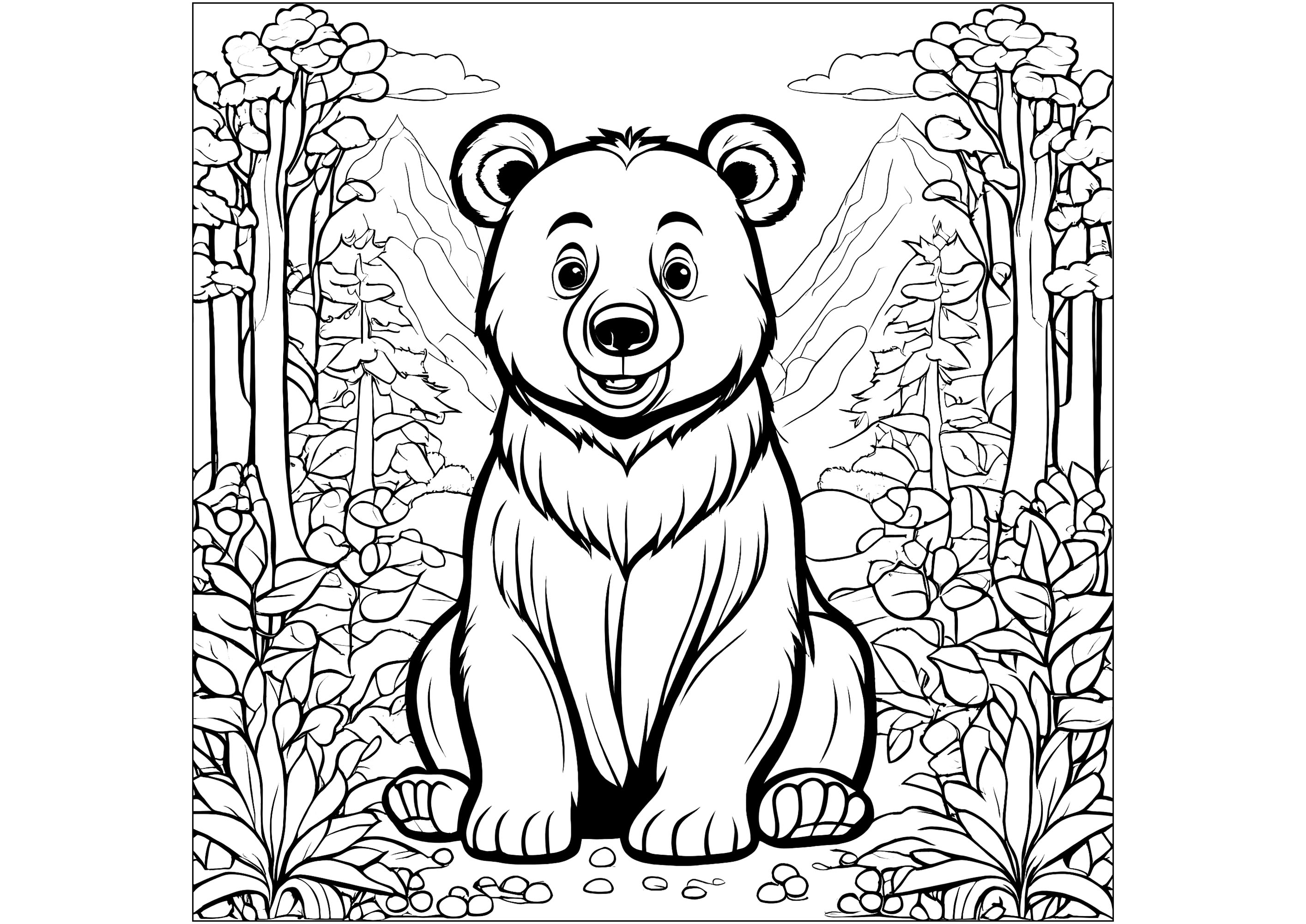 Orso sorridente tra la vegetazione lussureggiante - Pagine Orsi da Colorare