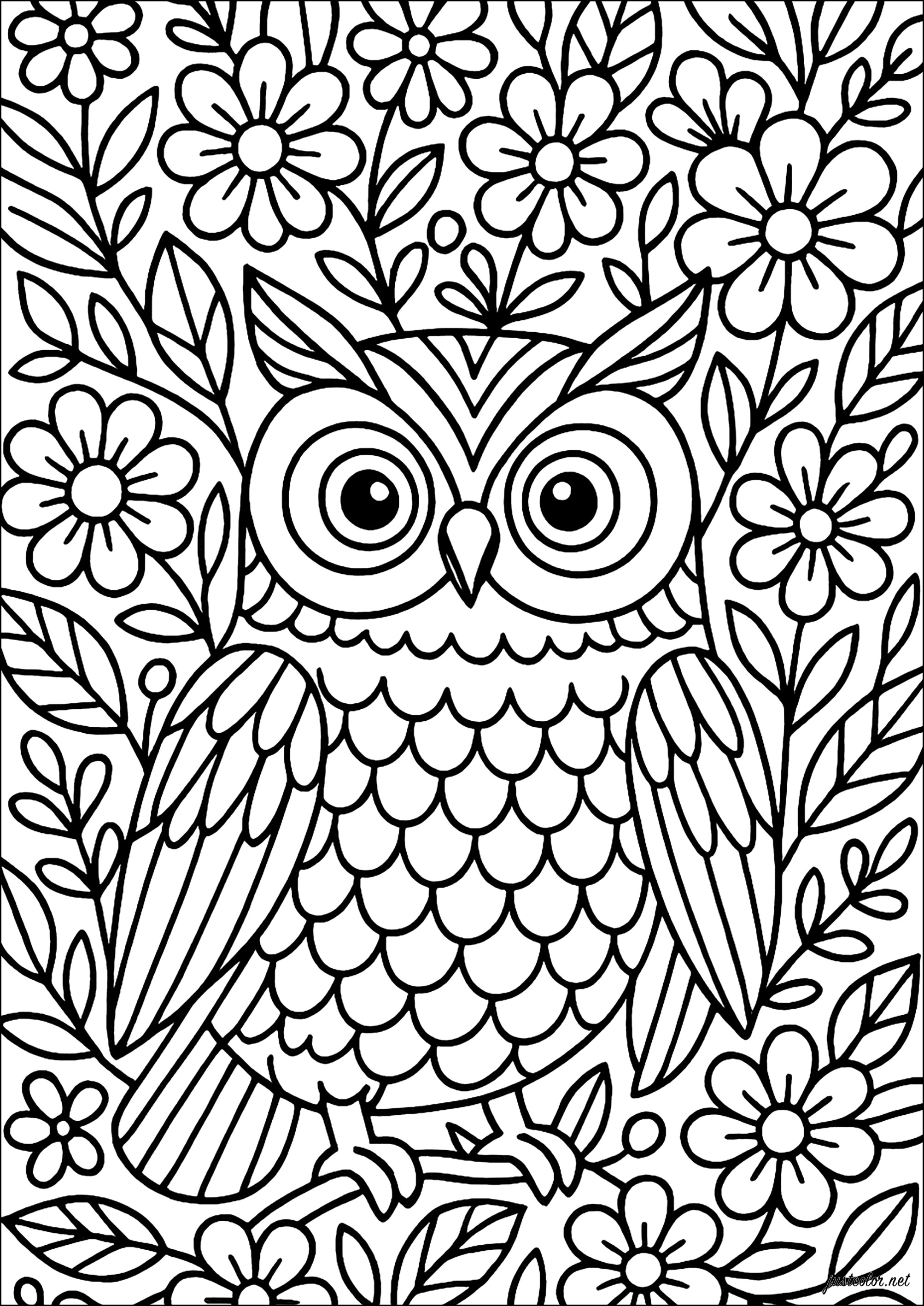 Gufo tra bei fiori - Pagine Gufi da Colorare