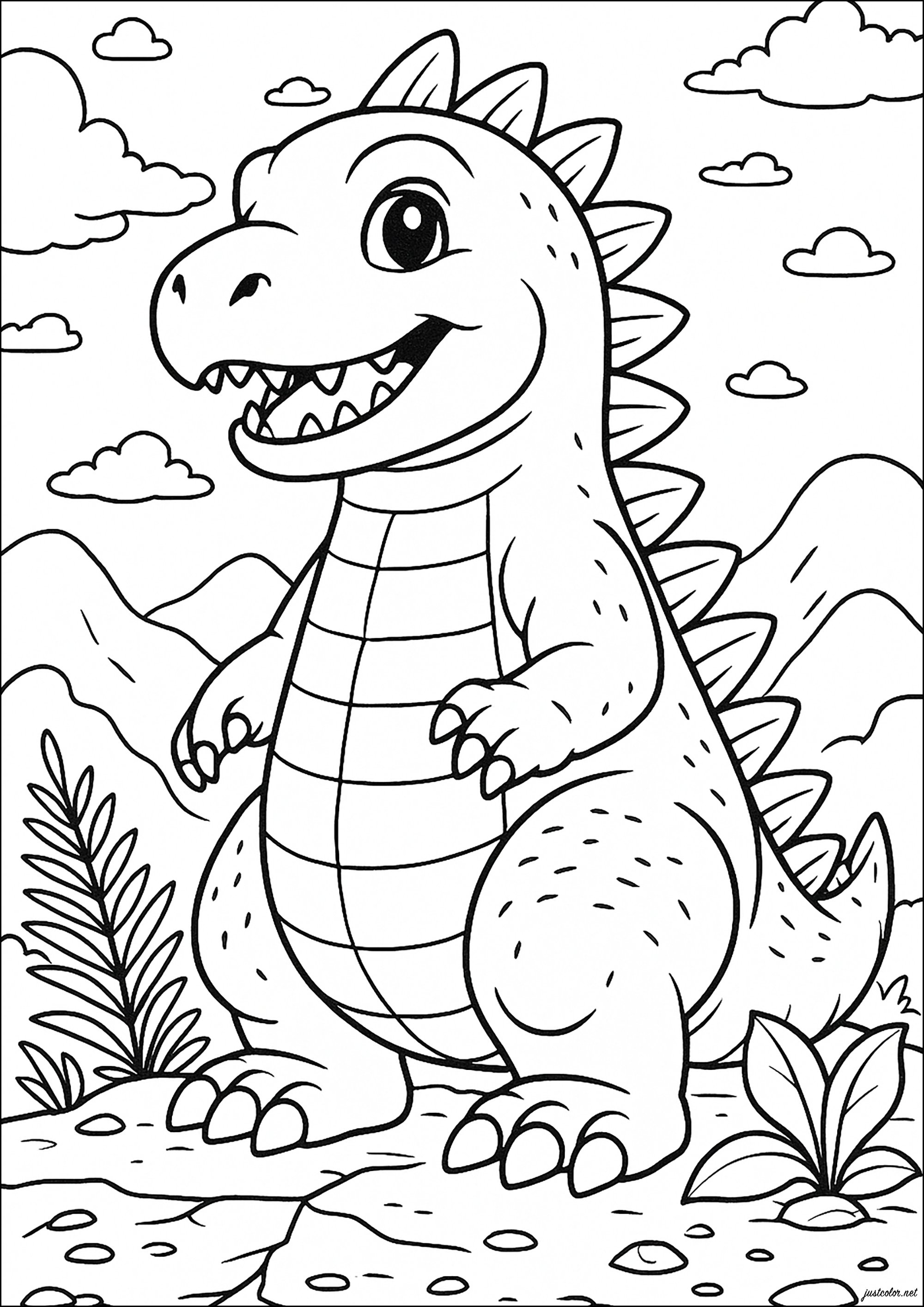 ゴジラスタイルのかわいい - 子ども向けぬりえページ：ゴジラ