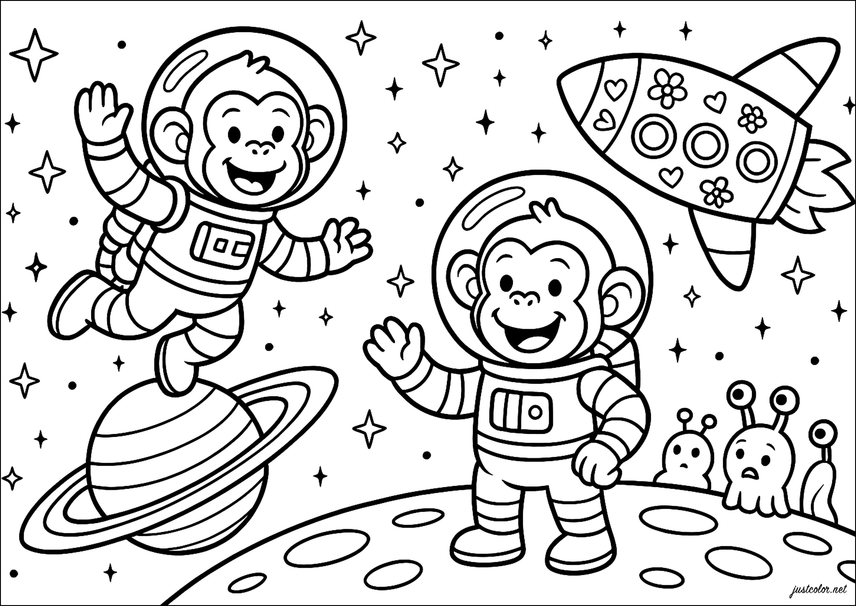 陽気なサルの宇宙冒険 - 子ども向けぬりえページ：スペースチンプス