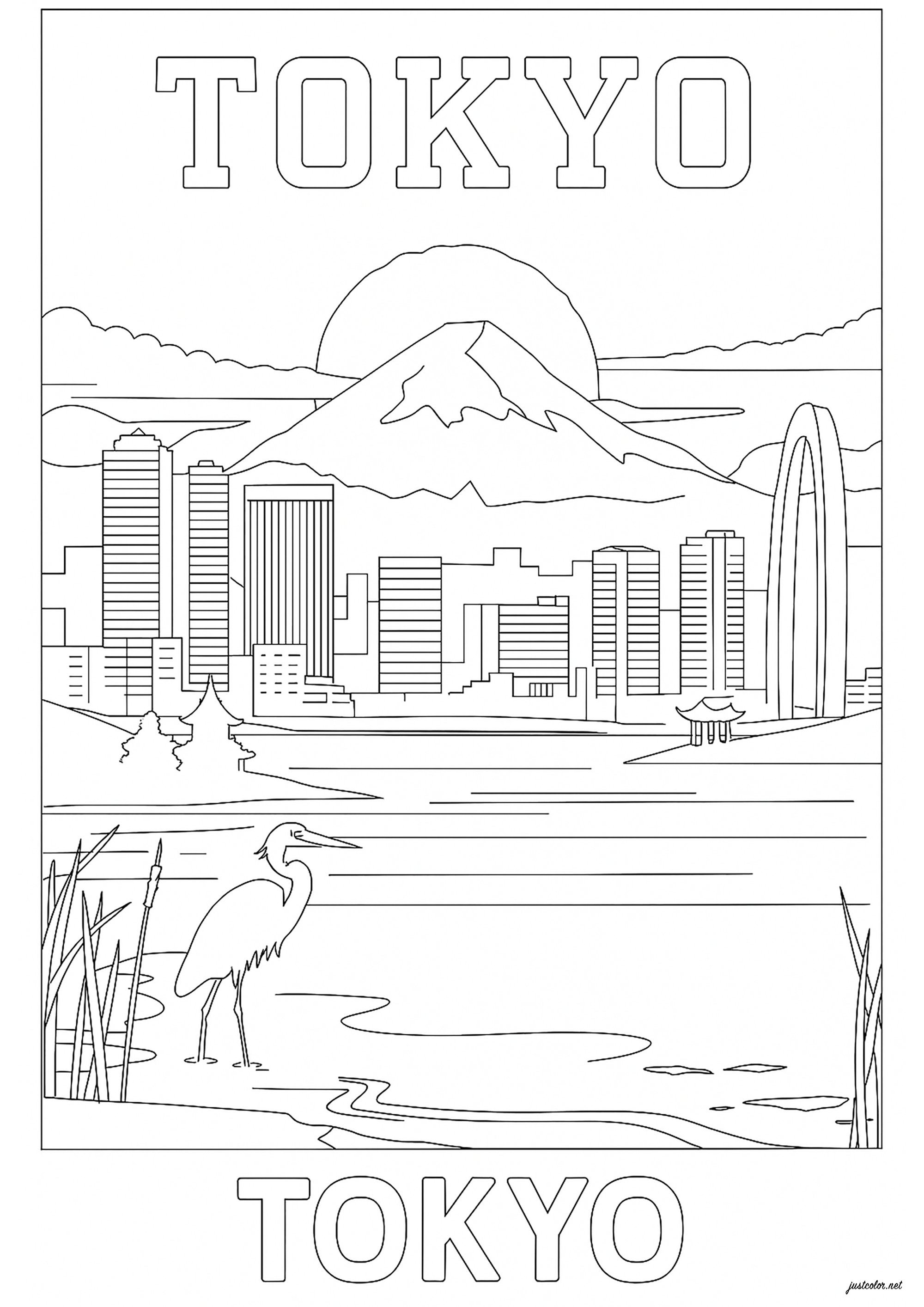 東京：建物と富士山 - 複雑なぬりえページ 日本 印刷用