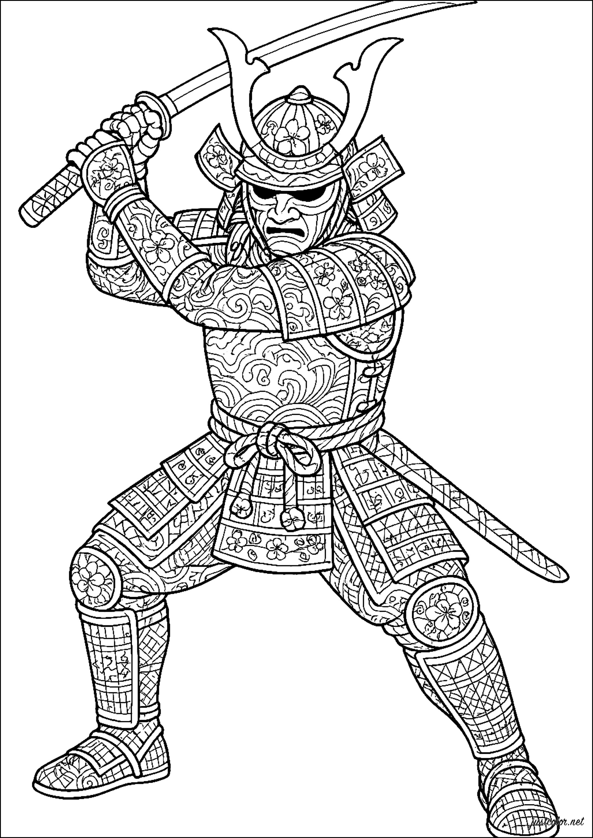 侍の戦闘シーン - 複雑なぬりえページ 日本 印刷用
