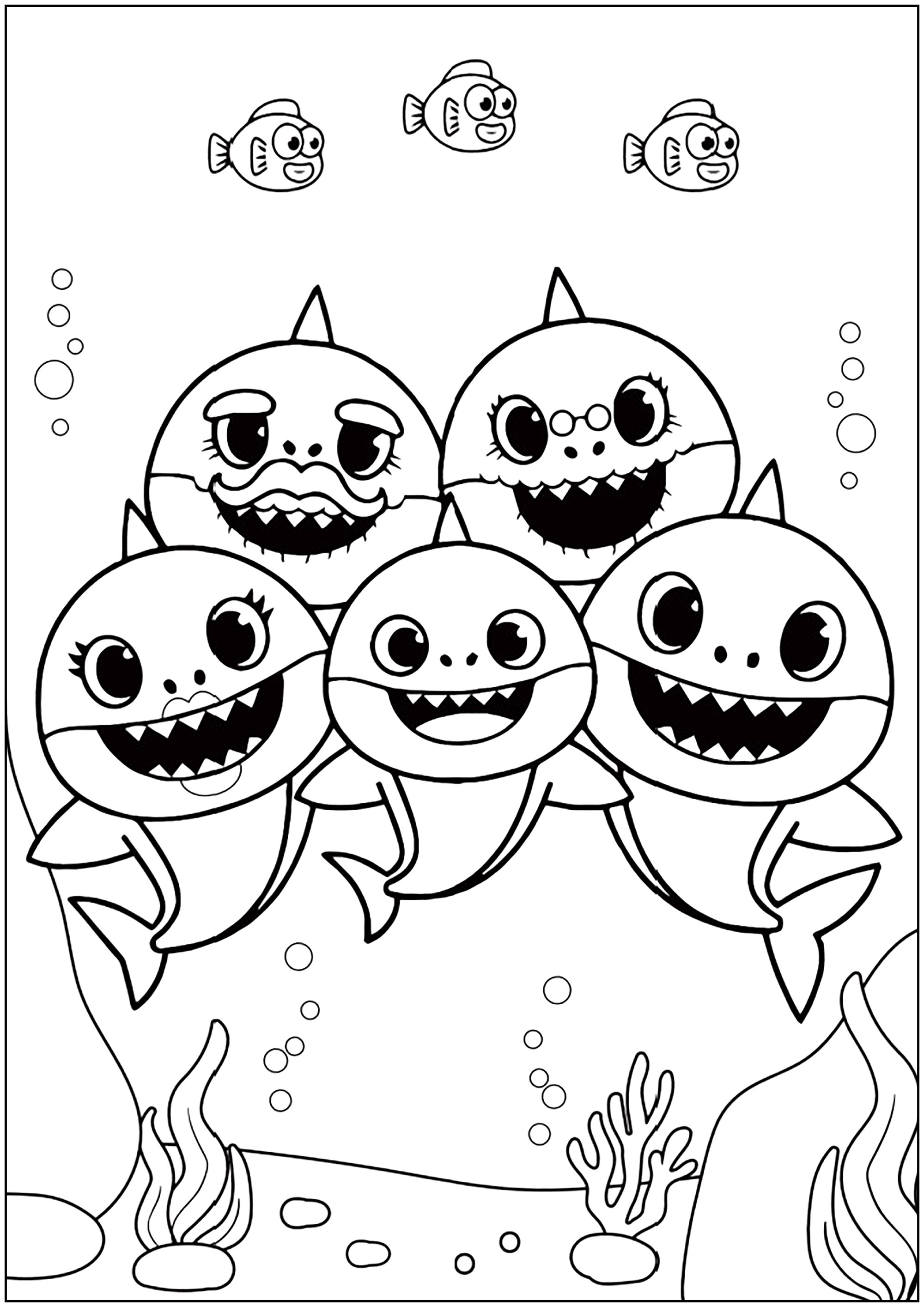 Baby Shark Family With Beautiful Fish Baby Shark Coloring Pages For Kids
