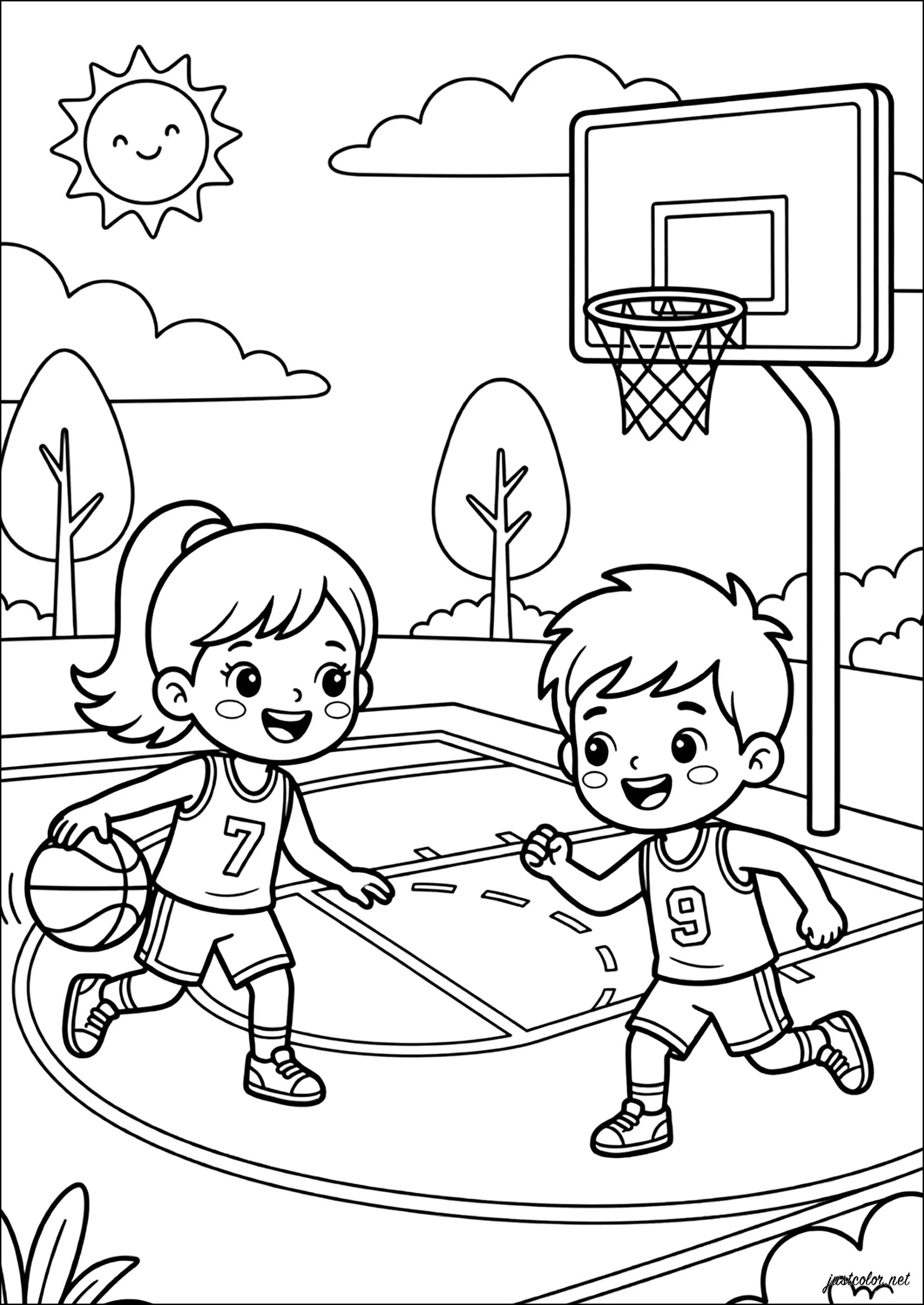 Friendly match under the sun - Basketball Coloring Pages
