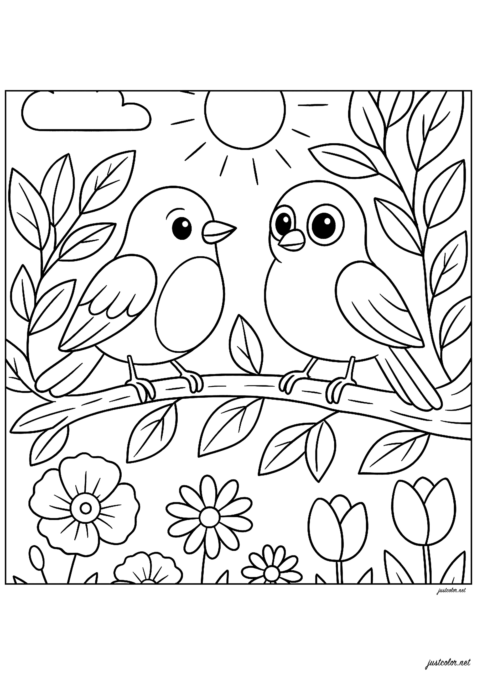 Beautiful birds under a radiant sun - Bird Coloring Pages