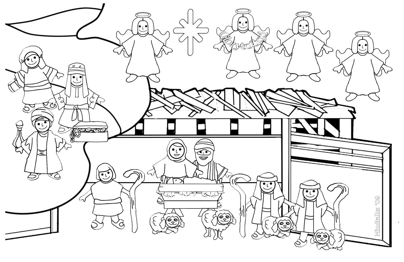 Crib with smiling characters - Christmas Coloring Pages for Kids