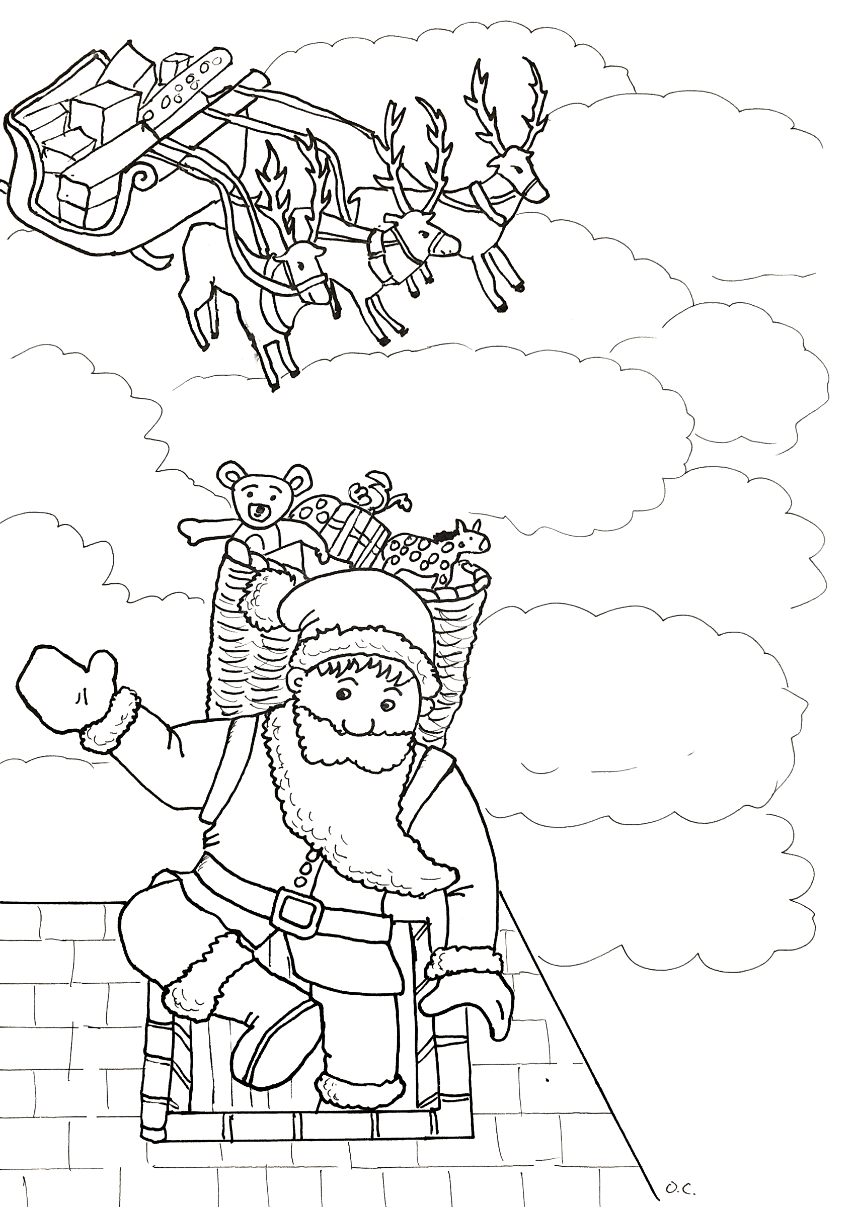 Santa Claus arriving in the chimney - Christmas Coloring Pages for Kids
