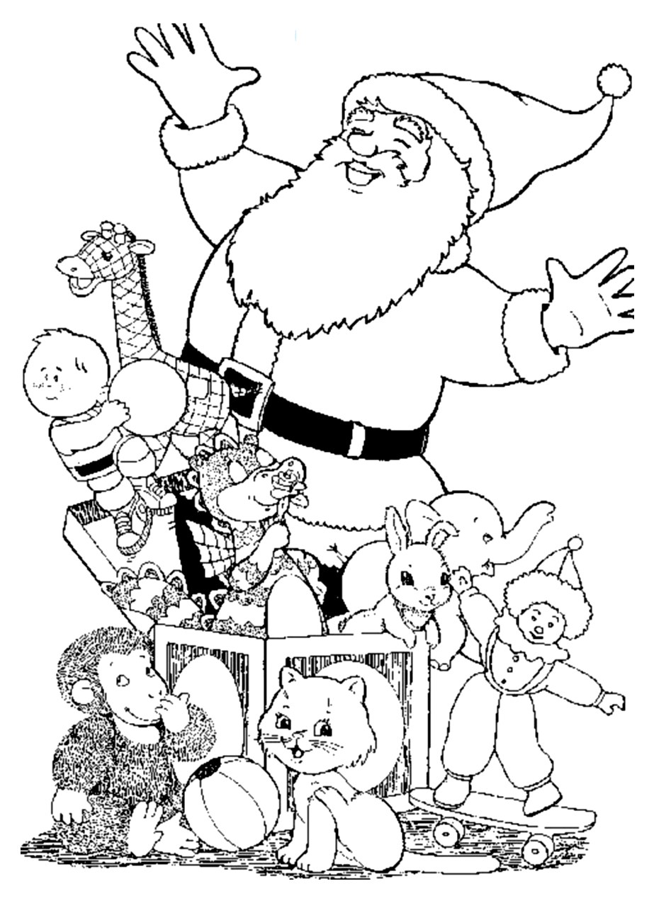 Santa Claus and many toys - Christmas Coloring Pages for Kids