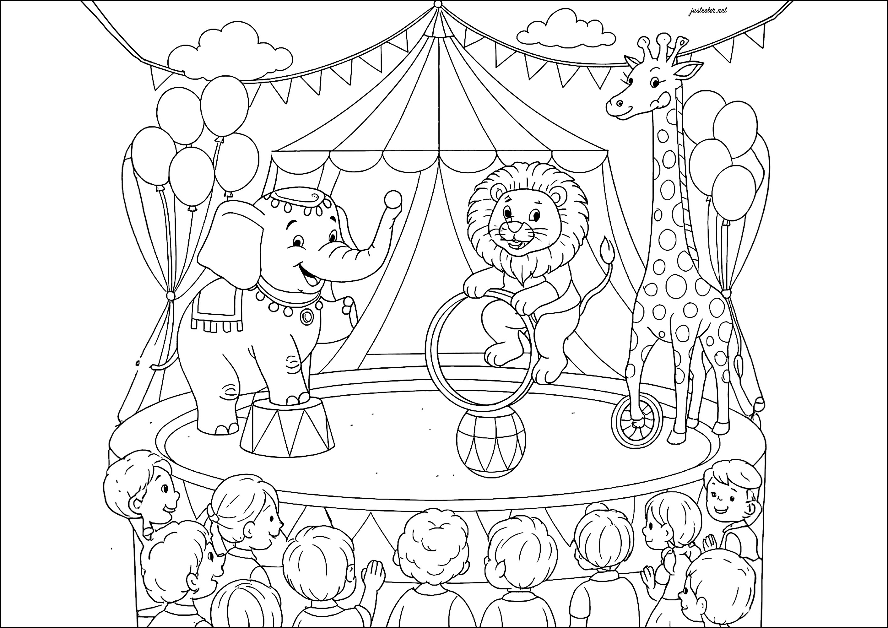 Circus animals: an elephant, a lion and a giraffe - Circus Coloring Pages
