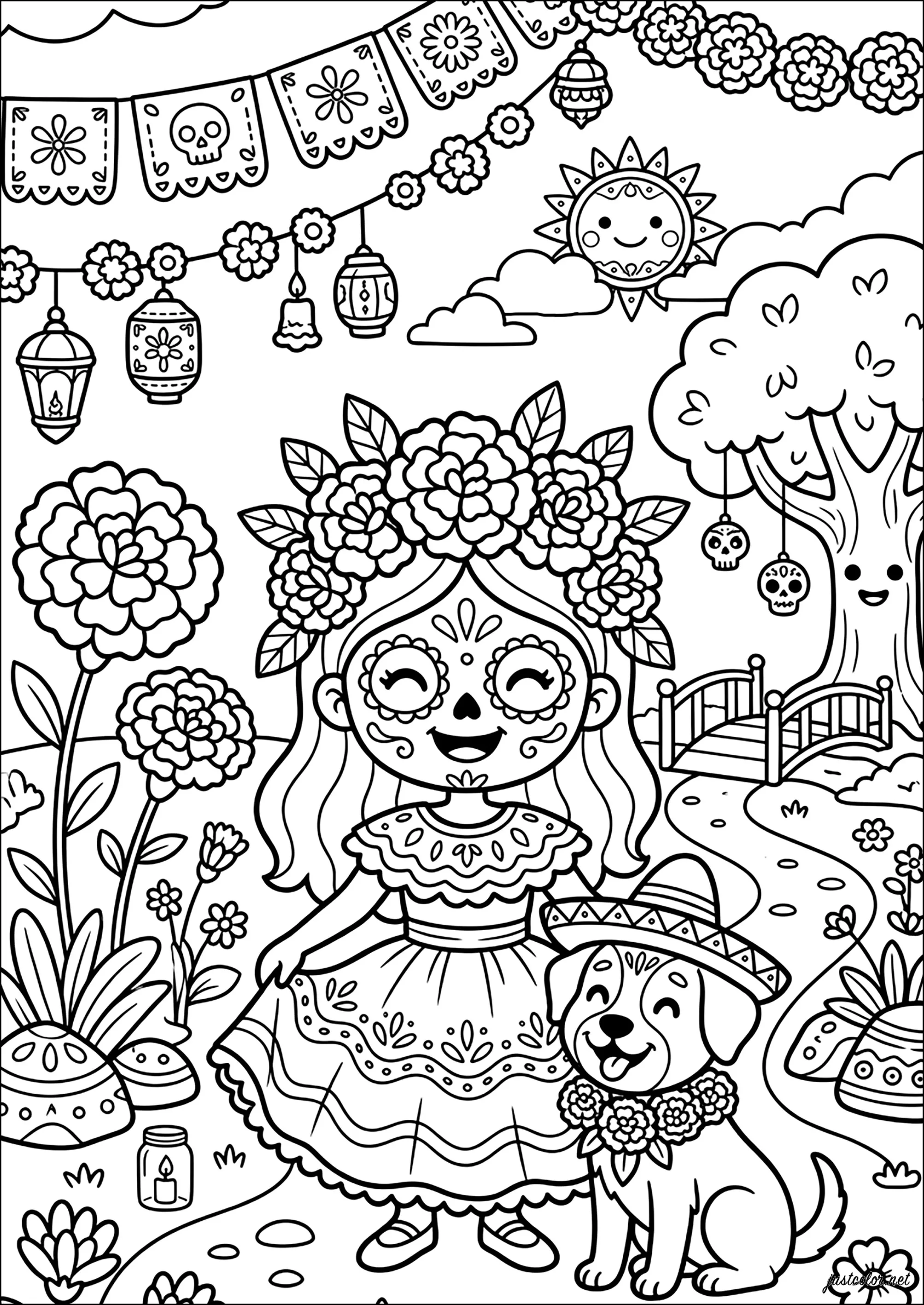 Young girl and her dog - Dia De Los Muertos (Day Of The Dead) Coloring ...