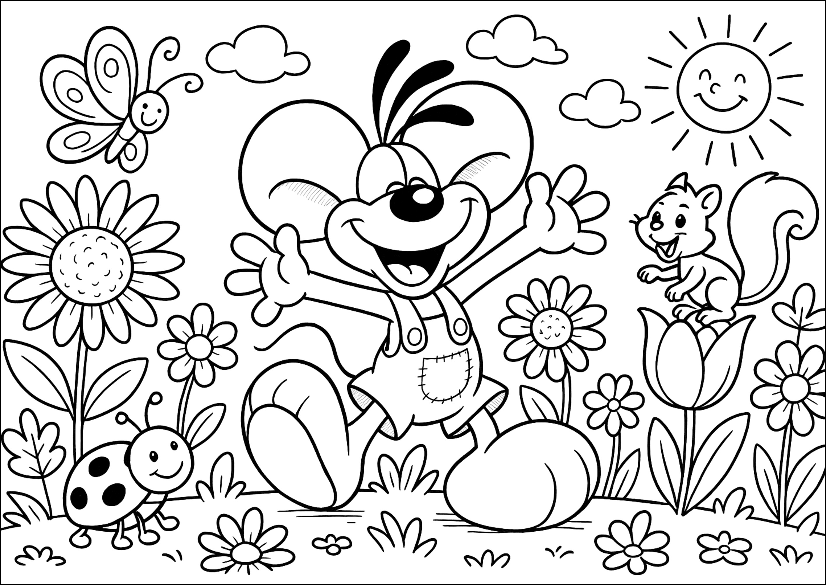 Diddl and friends in the garden - Diddl Coloring Pages