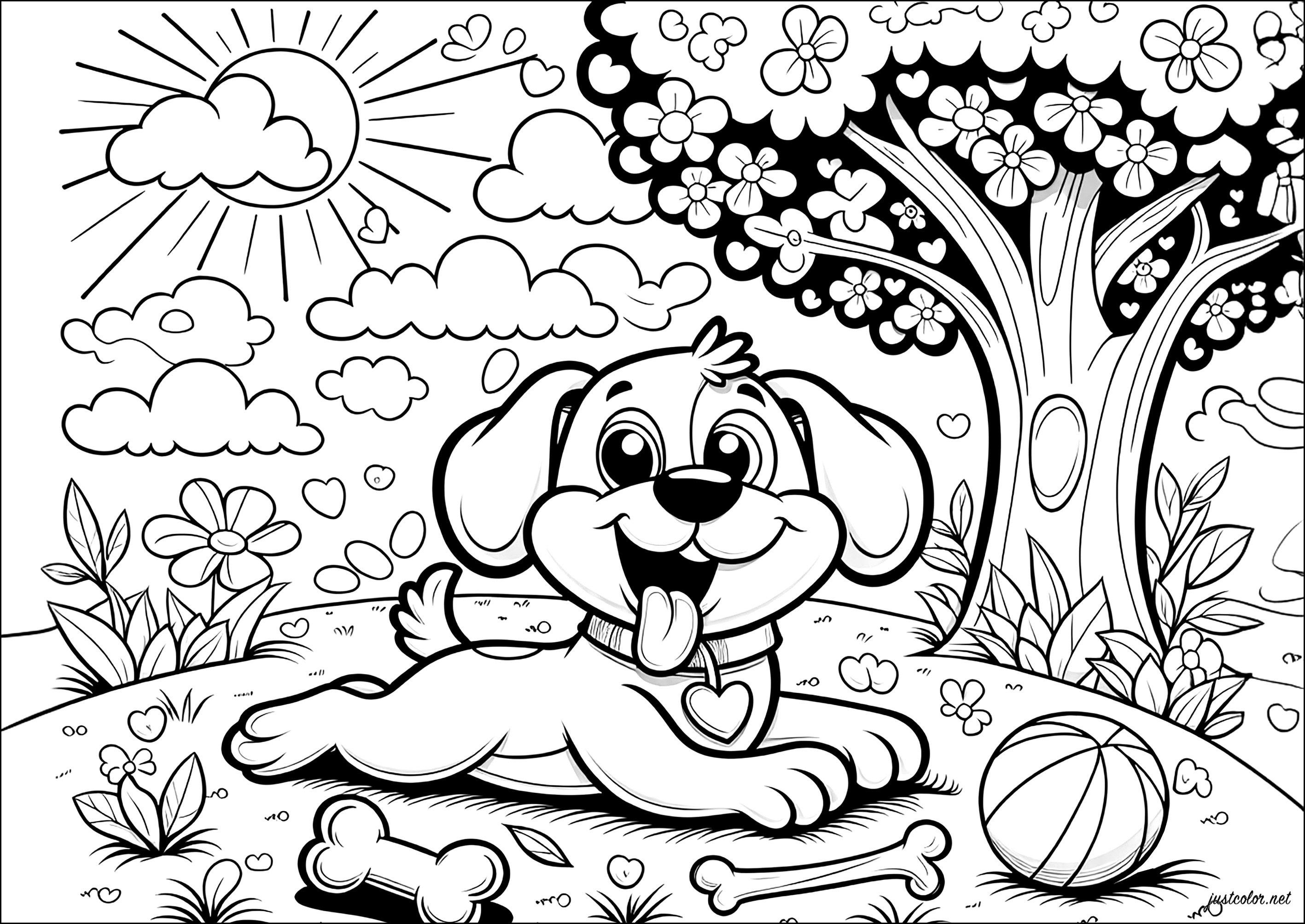 A happy puppy in the garden - Dog Coloring Pages