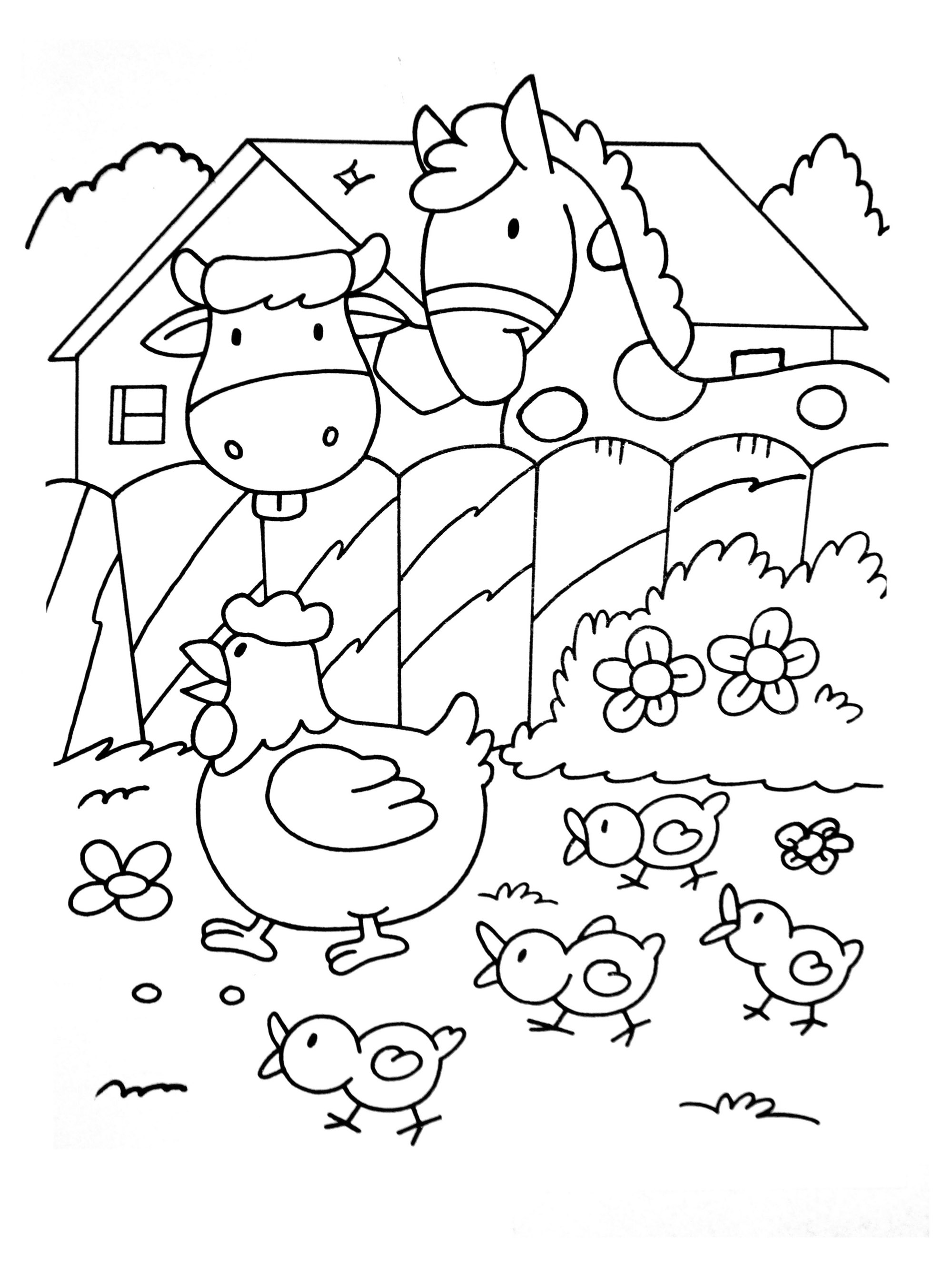 A Hen And Her Chicks Watched By A Cow And A Horse Farm Coloring Pages A Hen And Her Chicks Watched By A Cow And A Horse Farm Coloring Pages