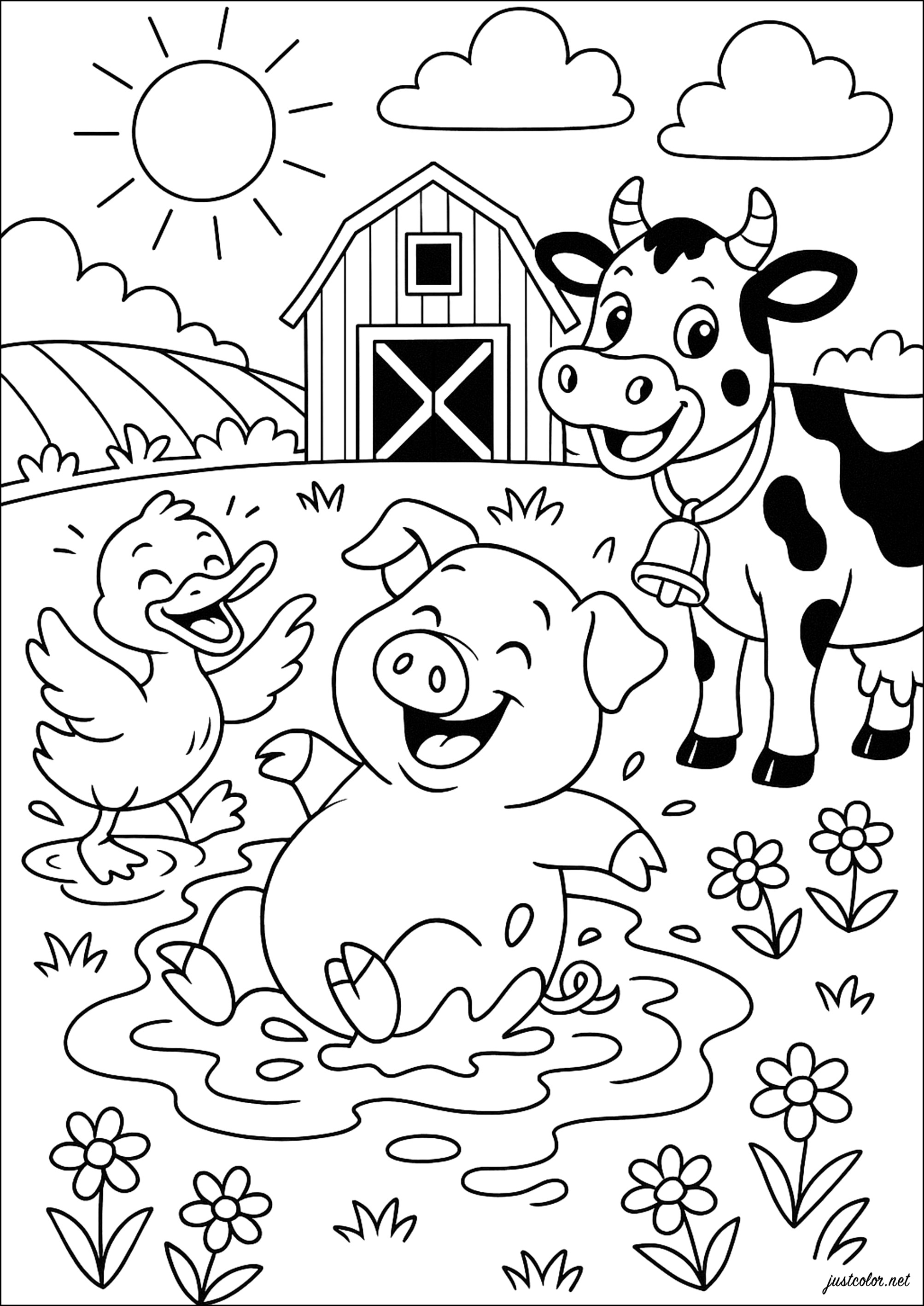 Duck, cow and pig - Farm Coloring Pages