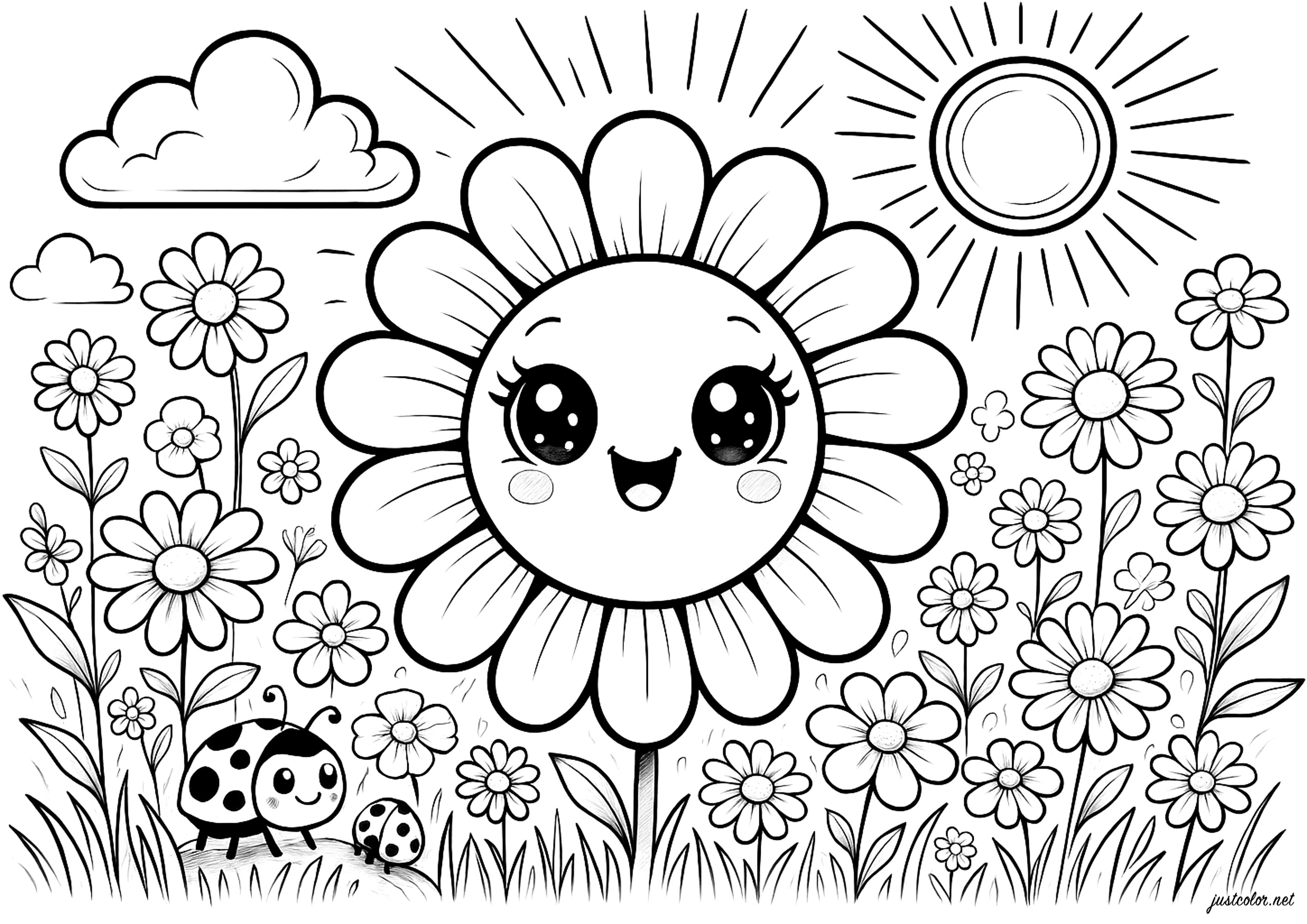 Pretty daisy in a field of flowers - Flower Coloring Pages for Kids