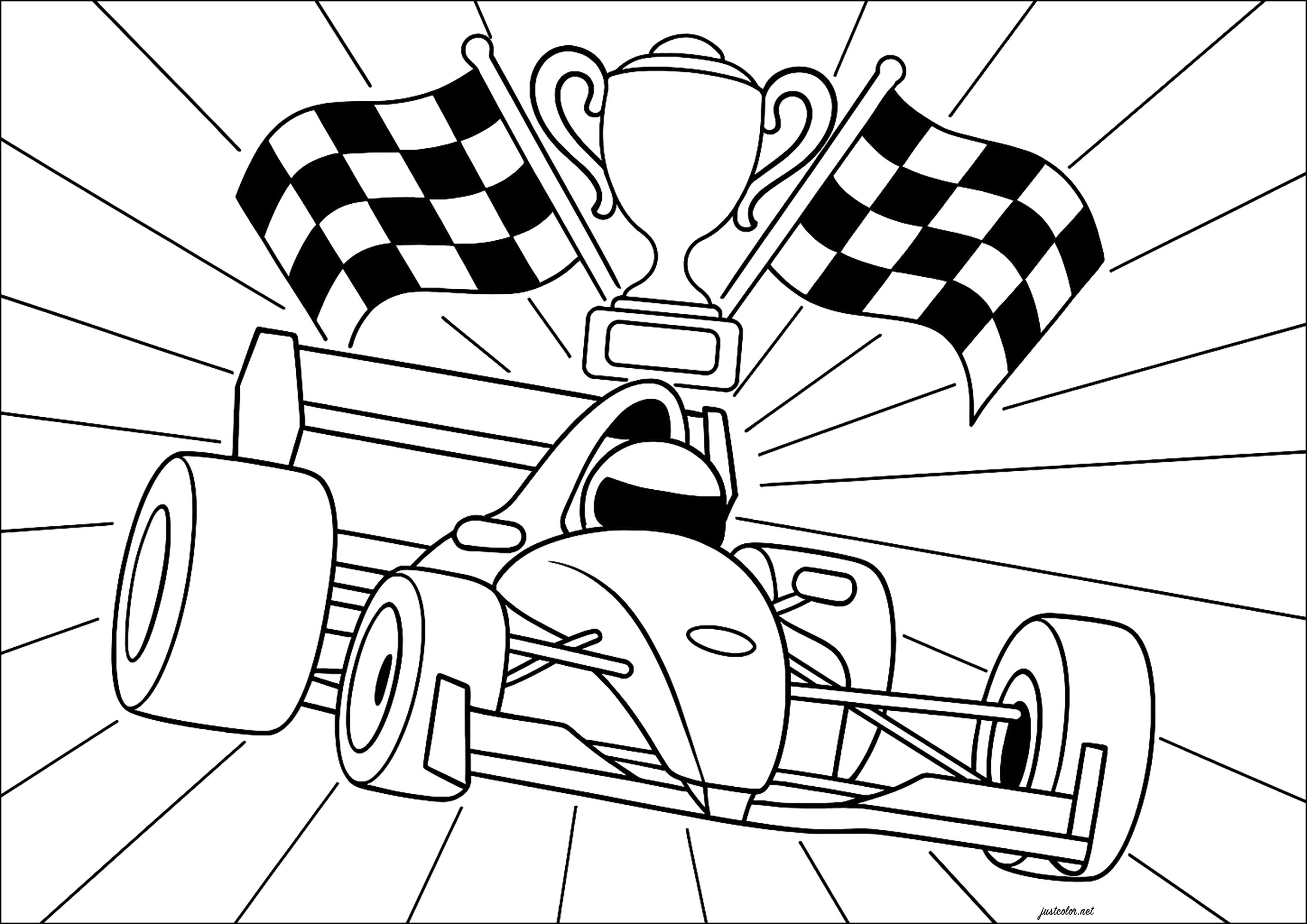 Formula 1 with cup and two flags - Formula 1 Coloring Pages