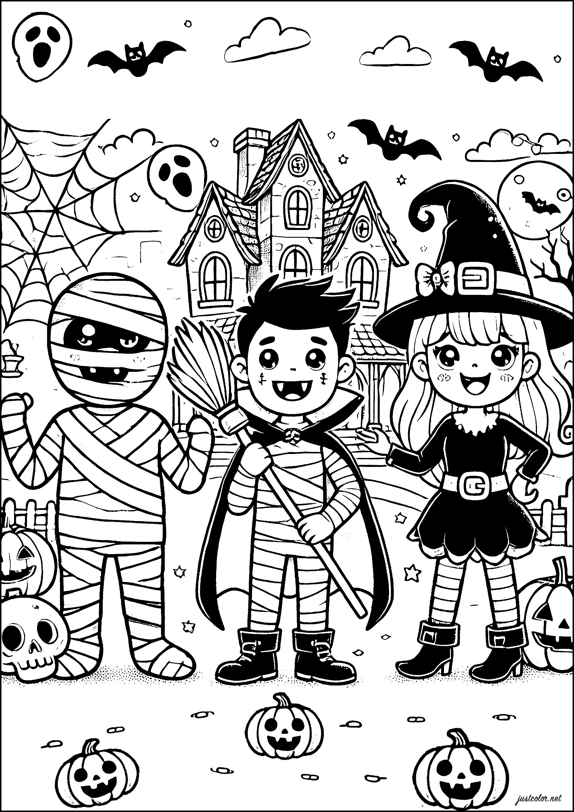 Mummy with a vampire and a witch - Halloween Coloring Pages for Kids