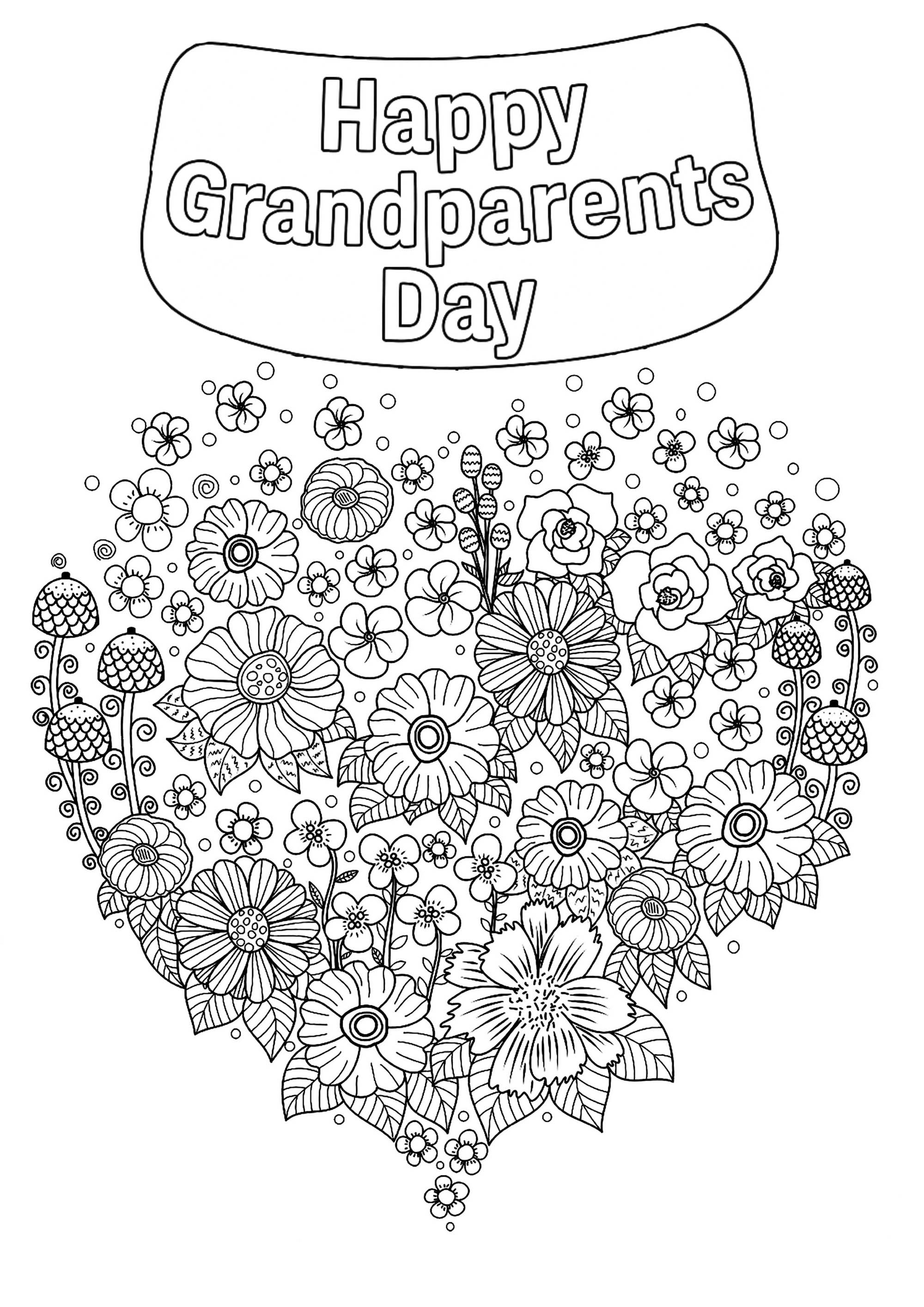Flowers and text Happy Grandparents day - Grandparents day Coloring Pages