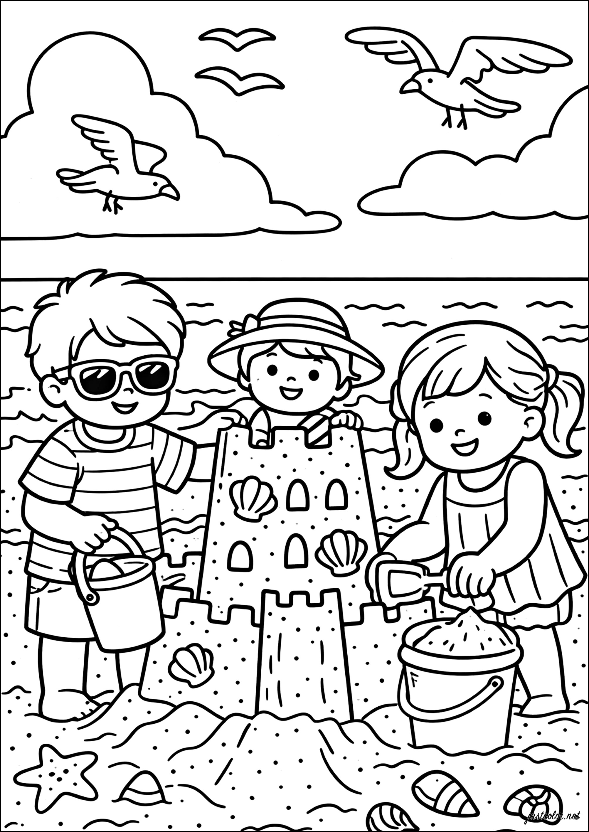 Children's games on a sunny beach - Holiday and Travel Coloring Pages