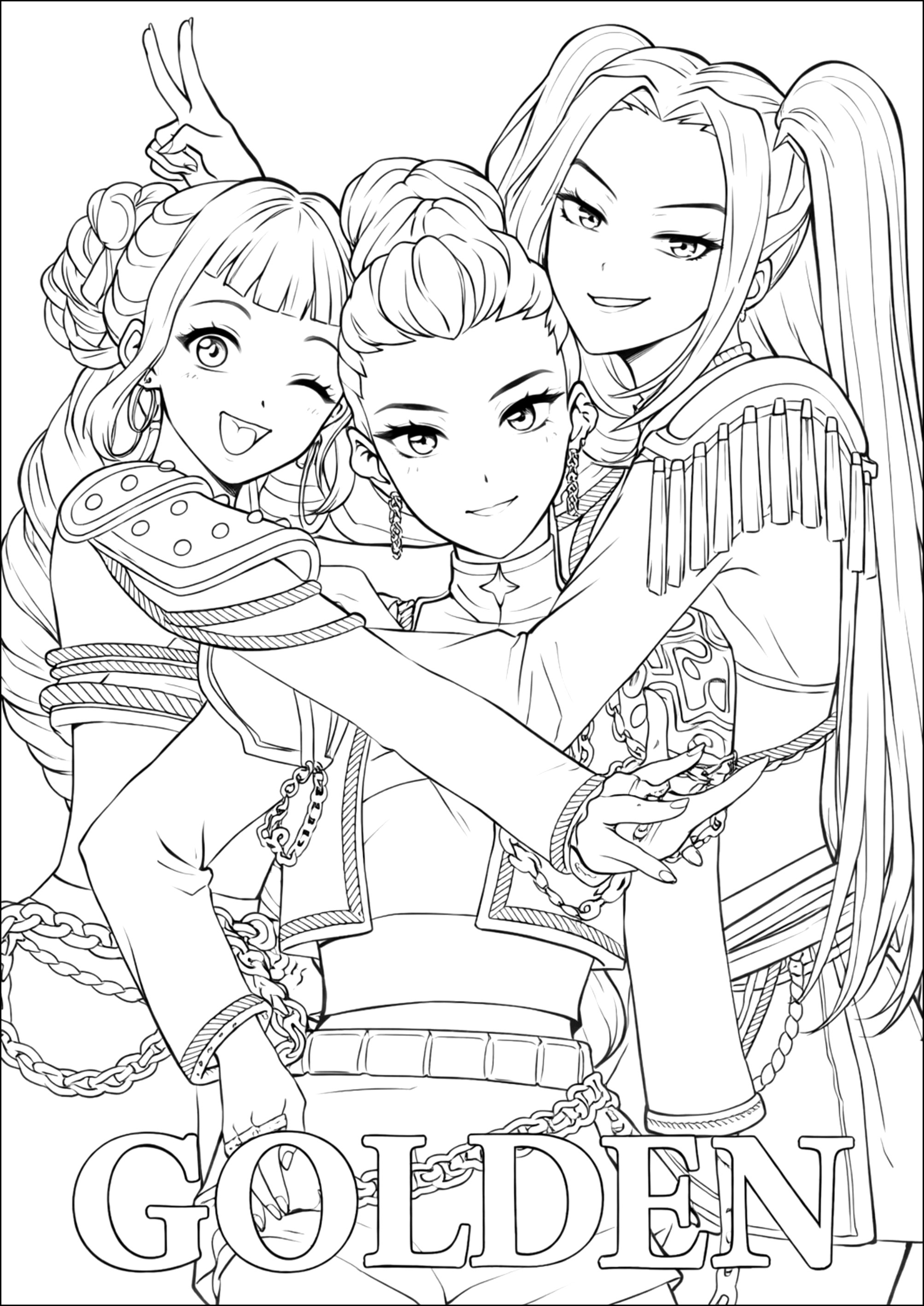 HUNTRX - Golden Power Trio - K-Pop Demon Hunters Coloring Pages