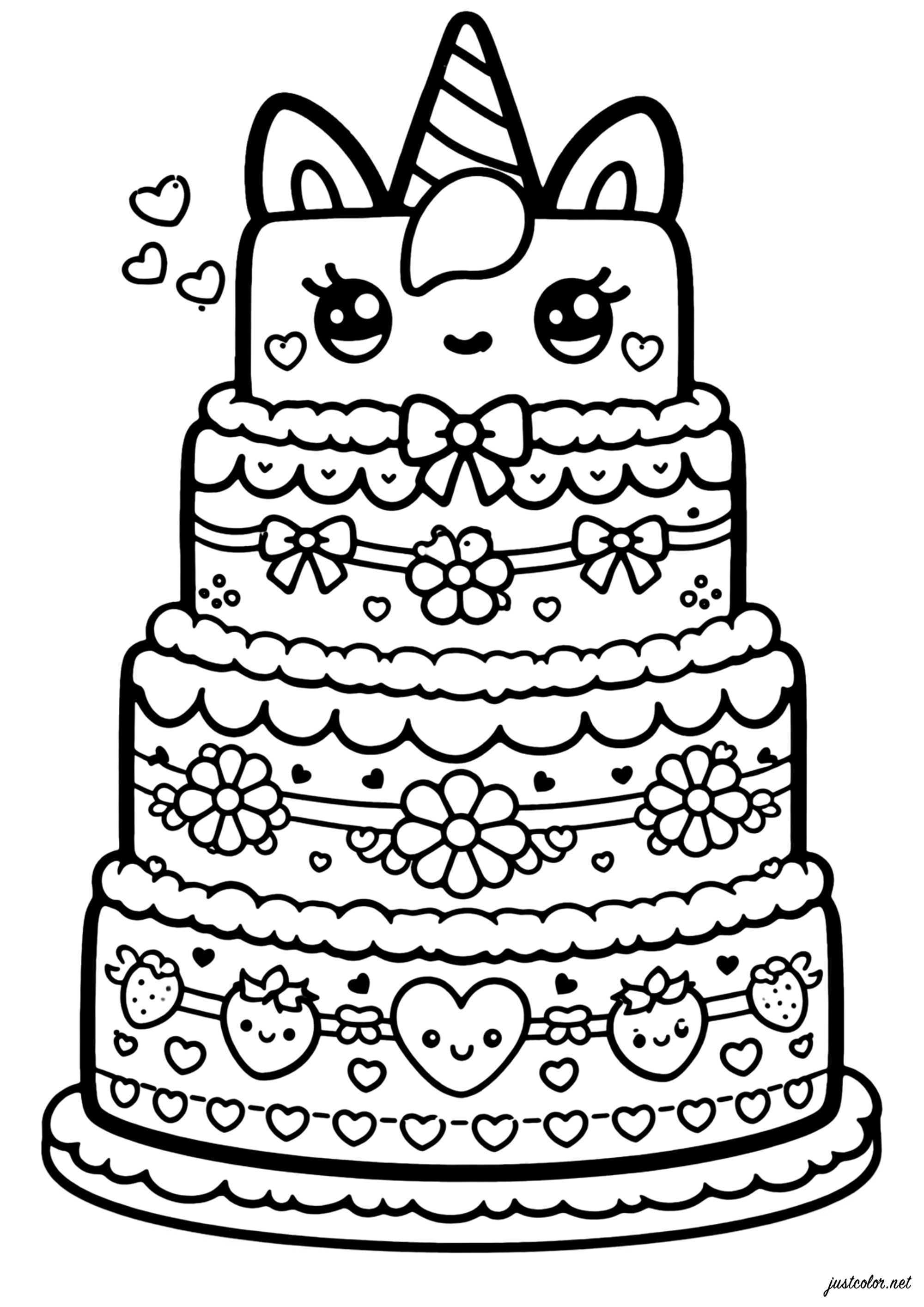 Fun and Enchanting Unicorn Cake - Kawaii Coloring Pages