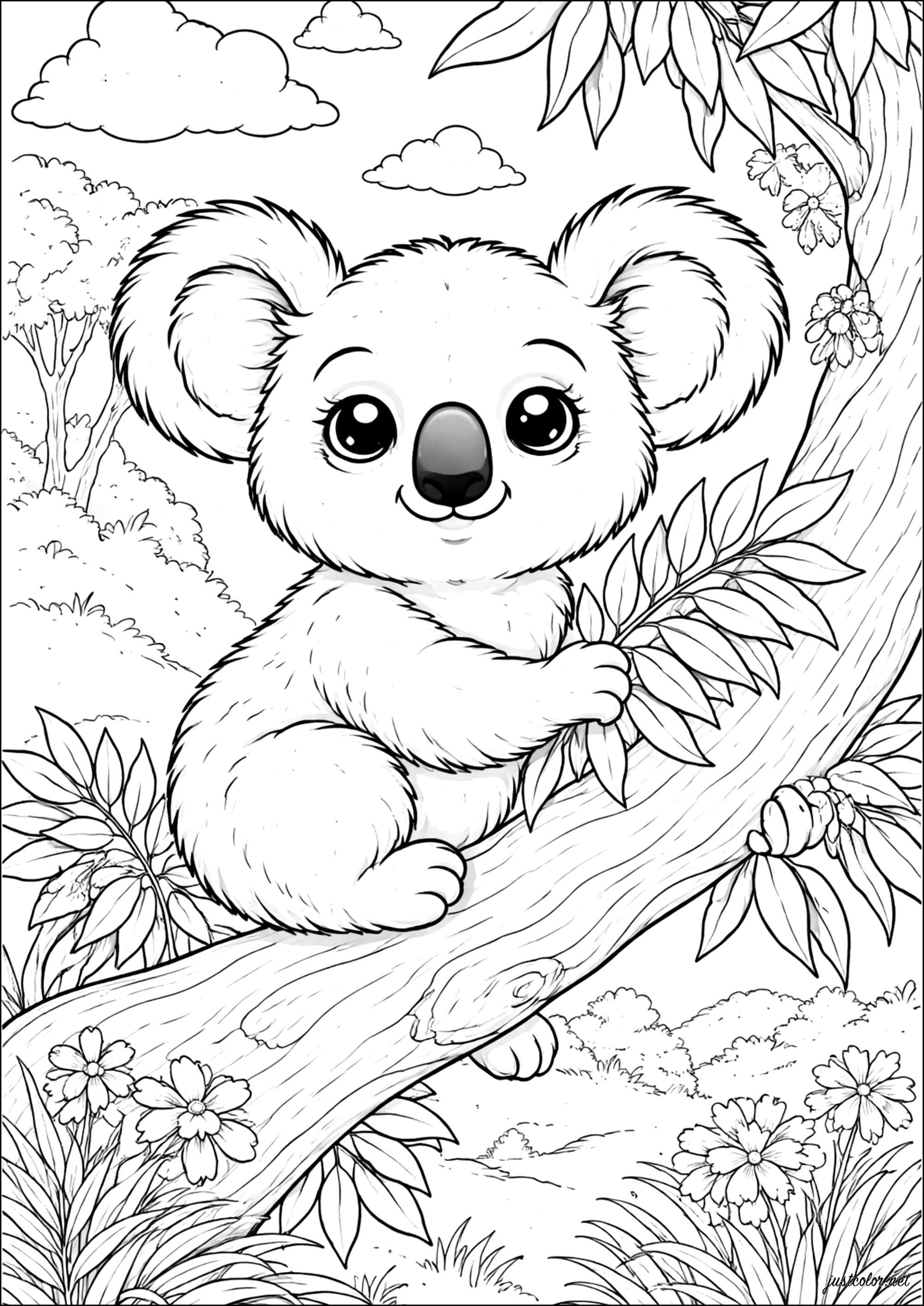 Koala cuddles in the wild - Koalas Coloring Pages