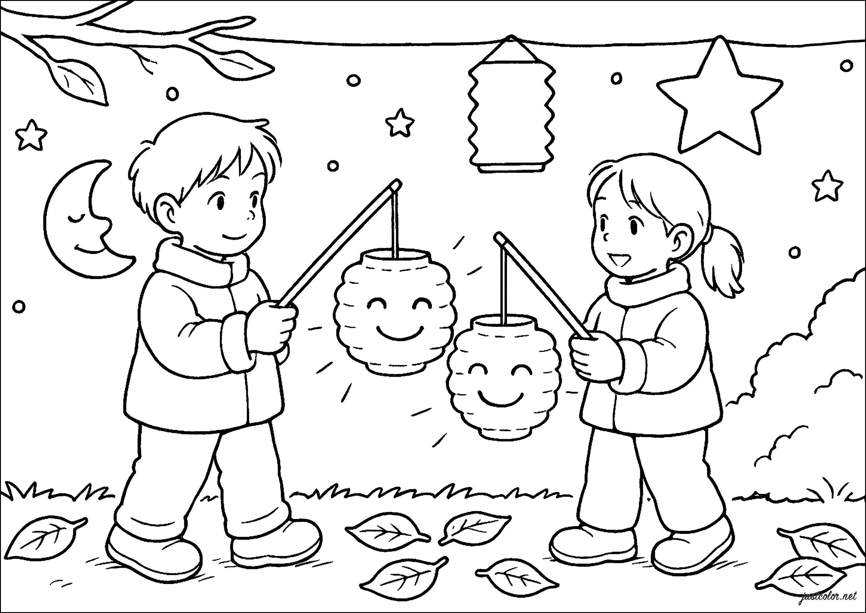 Boy and girl at the lantern festival - Lantern Festival Coloring Pages