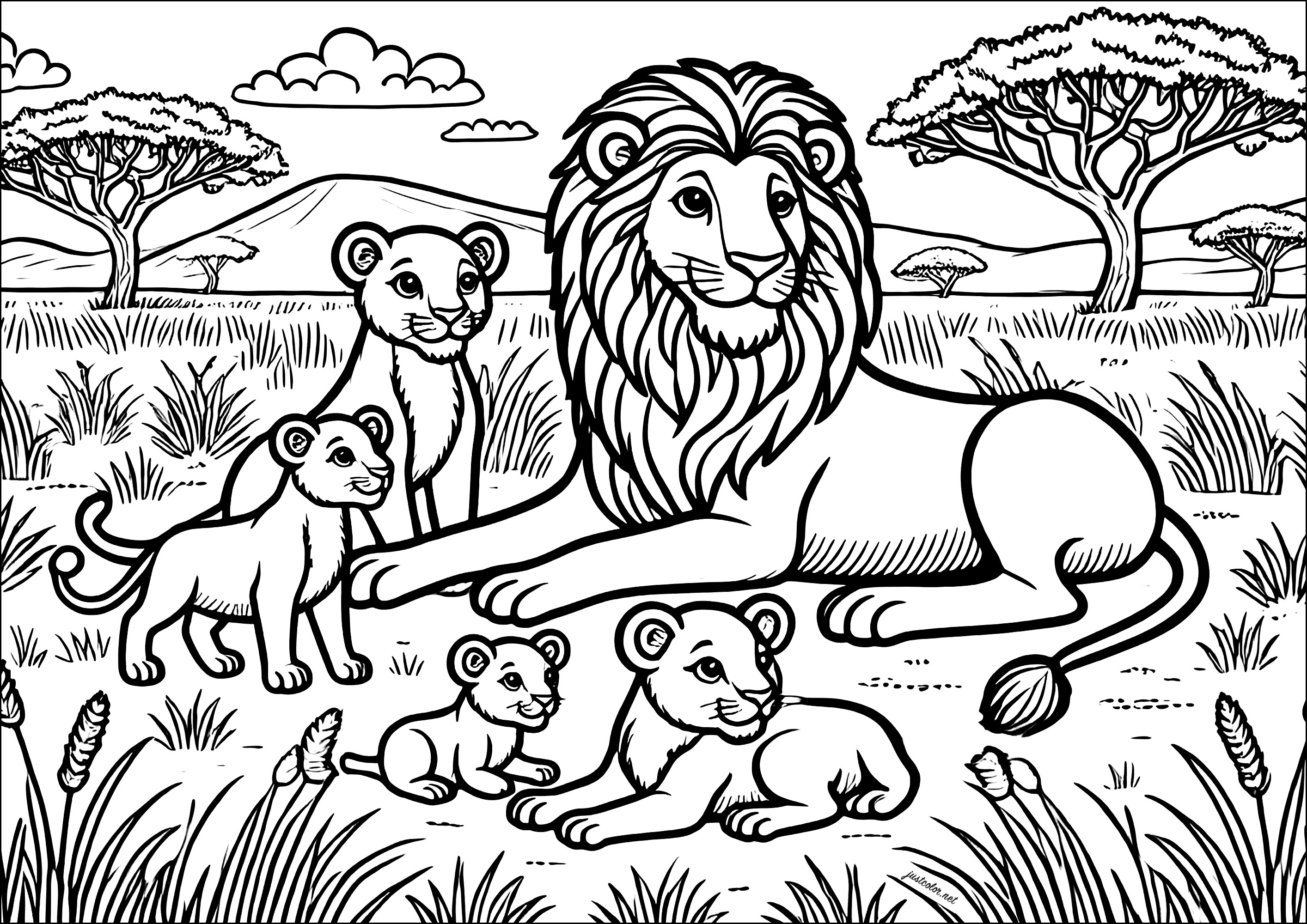 A family of lions on the savannah - Lion Coloring Pages