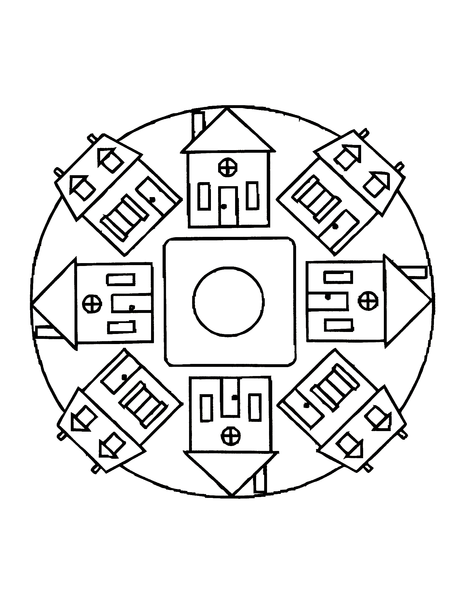 Mandala and little houses - Mandala Coloring Pages for Kids