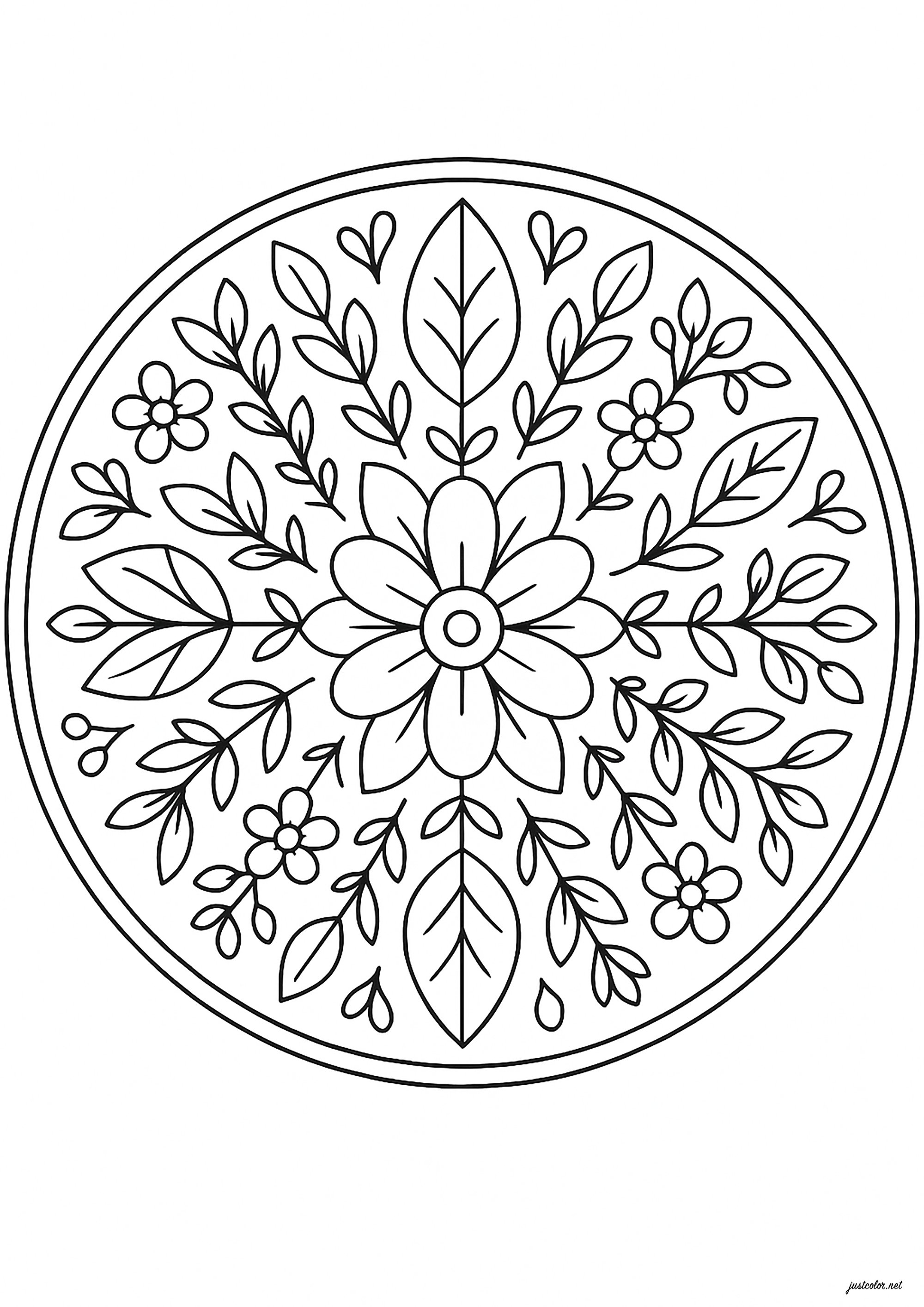 Pretty mandala with flowers and leaves - Mandala Coloring Pages for Kids