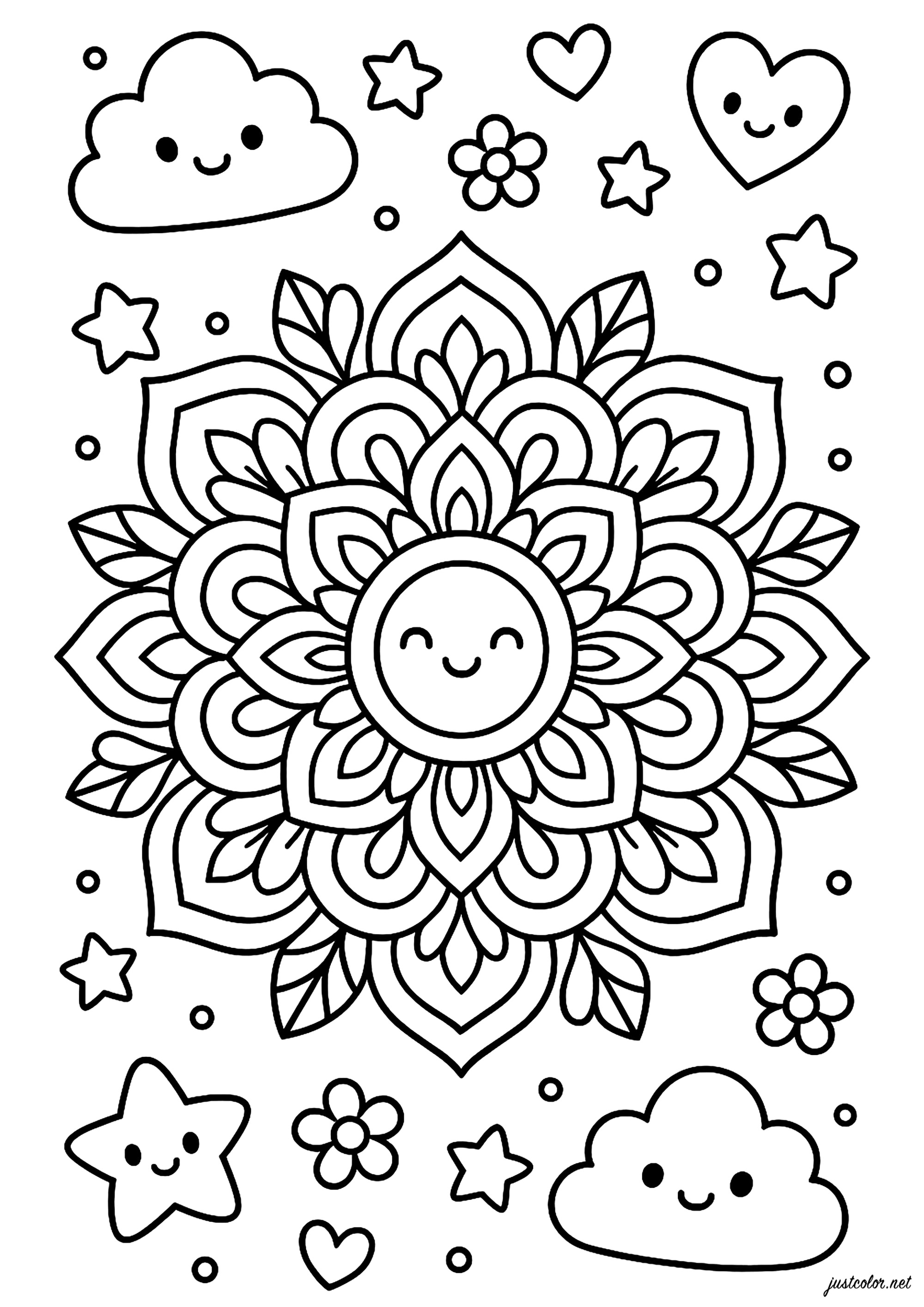 Smiling mandala in the sky - Mandala Coloring Pages for Kids