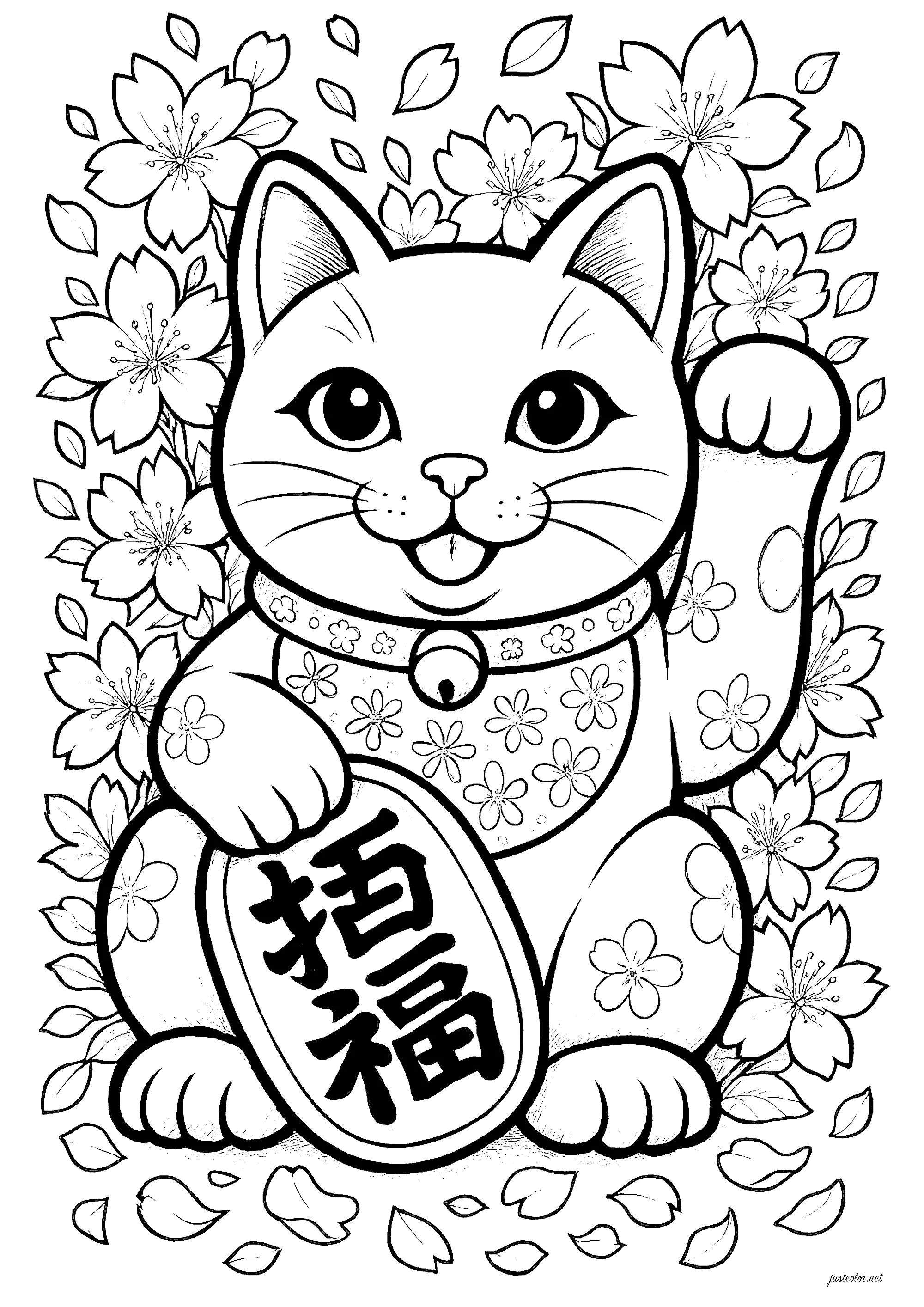 Maneki Neko among the flowers - Maneki Neko Coloring Pages