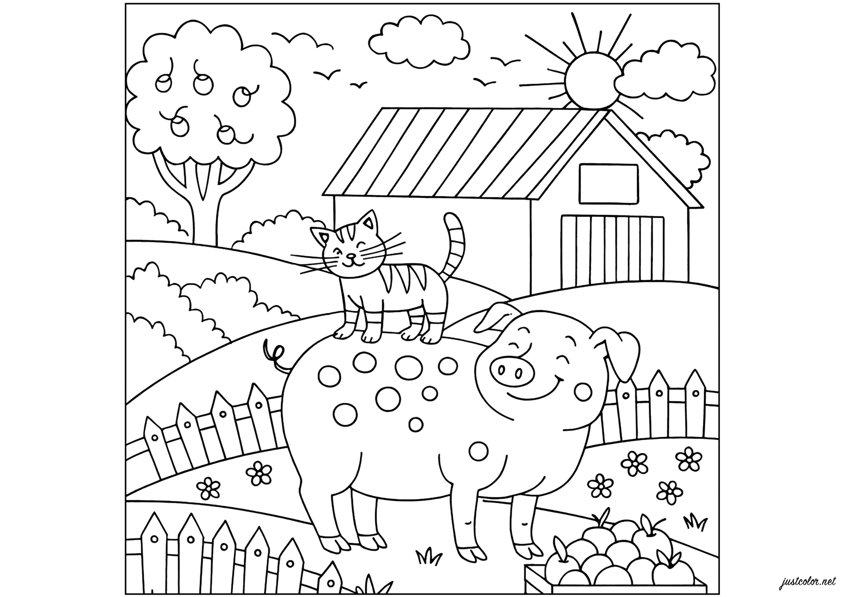 A cheerful scene on a sunny farm - Pig Coloring Pages