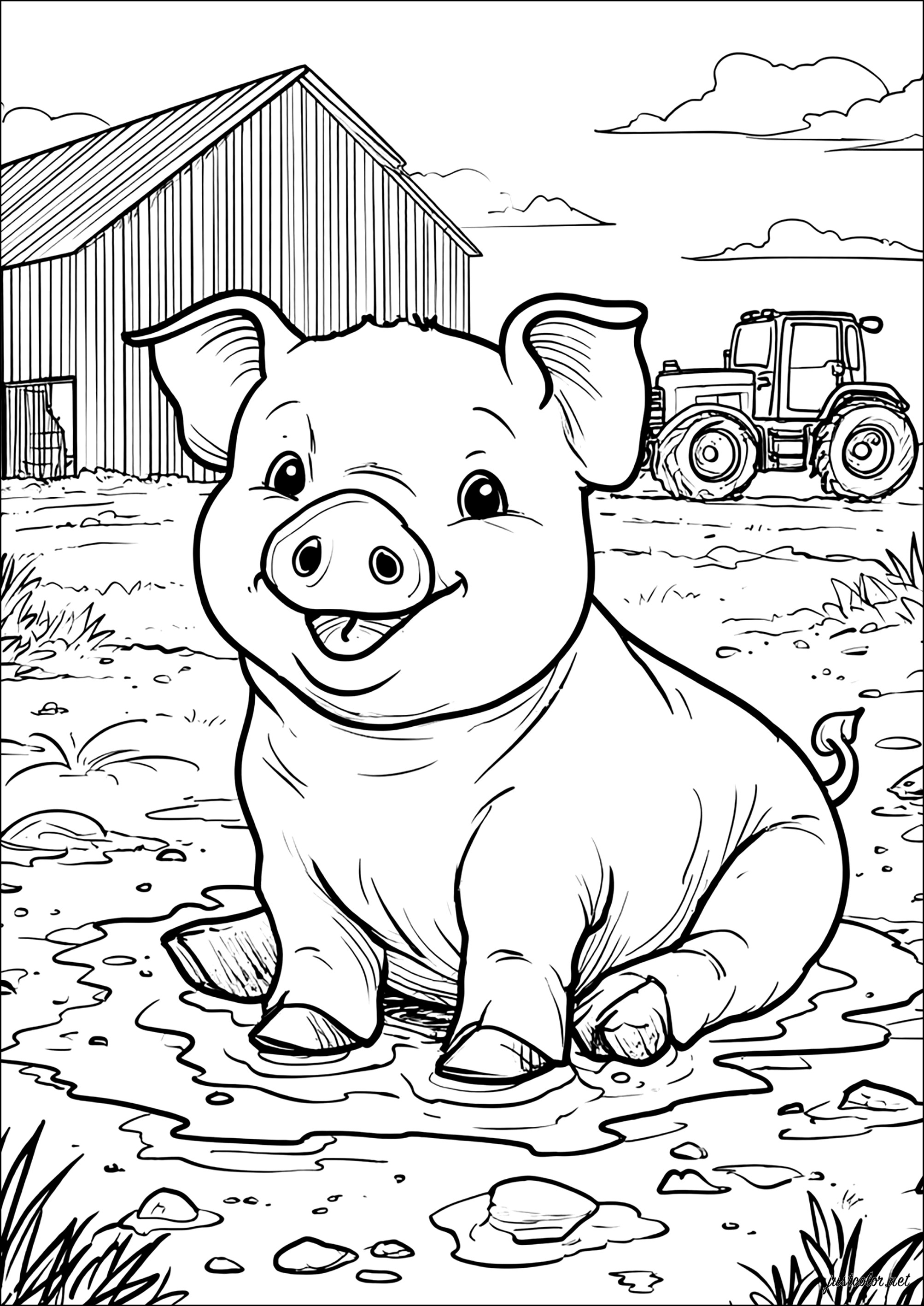 Happy little piggy on the farm - Pig Coloring Pages