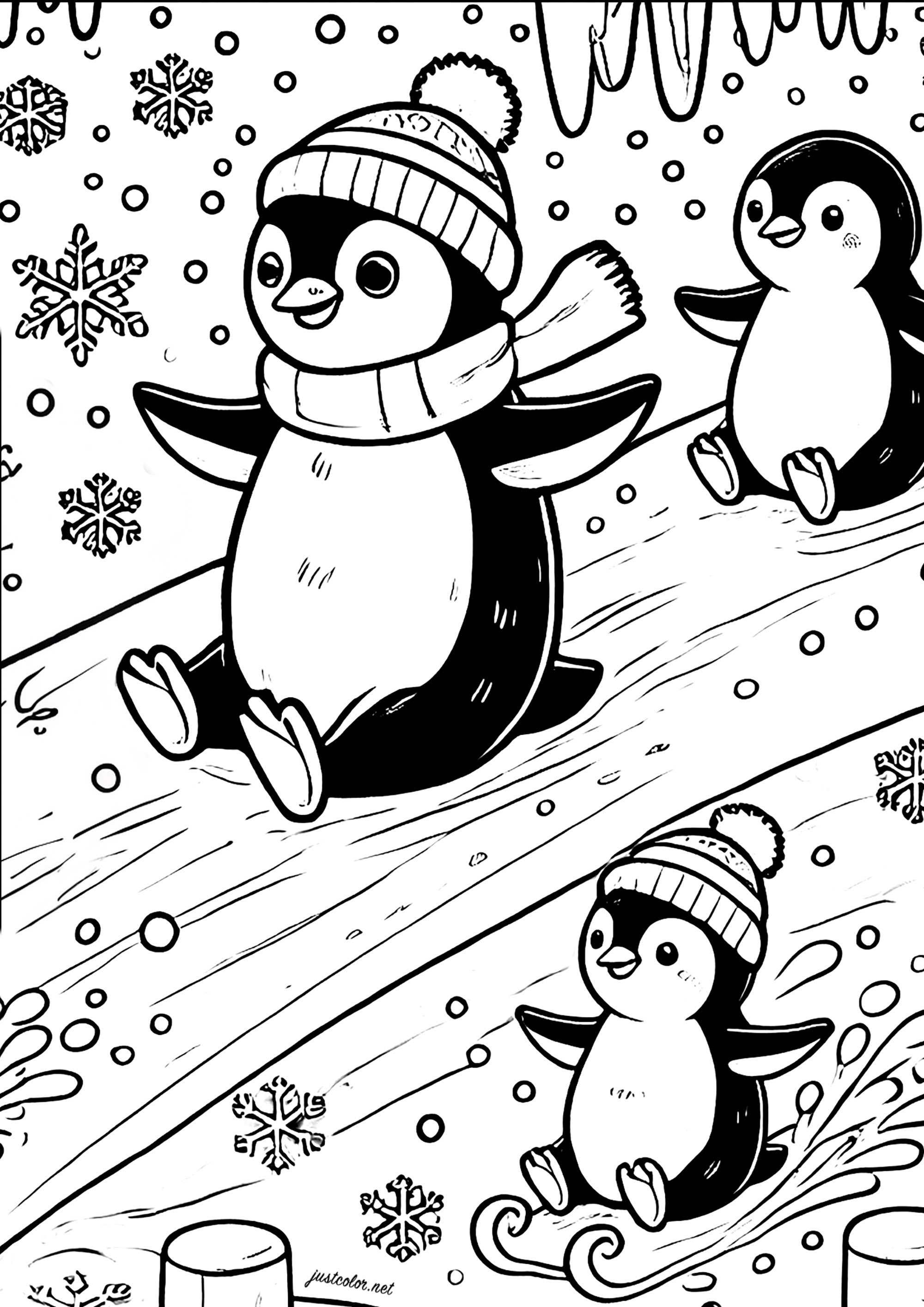 Three penguins having fun - Penguins Coloring Pages