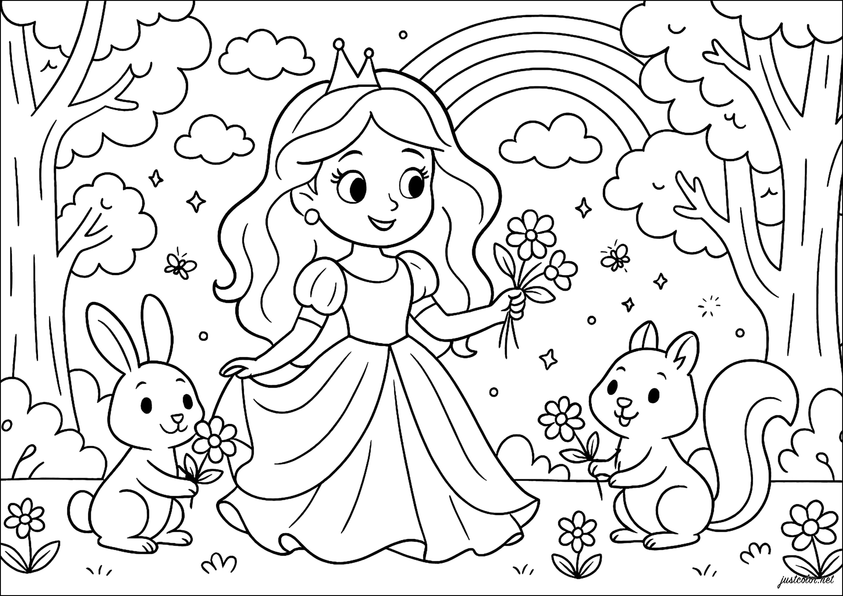 The Princess and her Forest Friends - Princess Coloring Pages