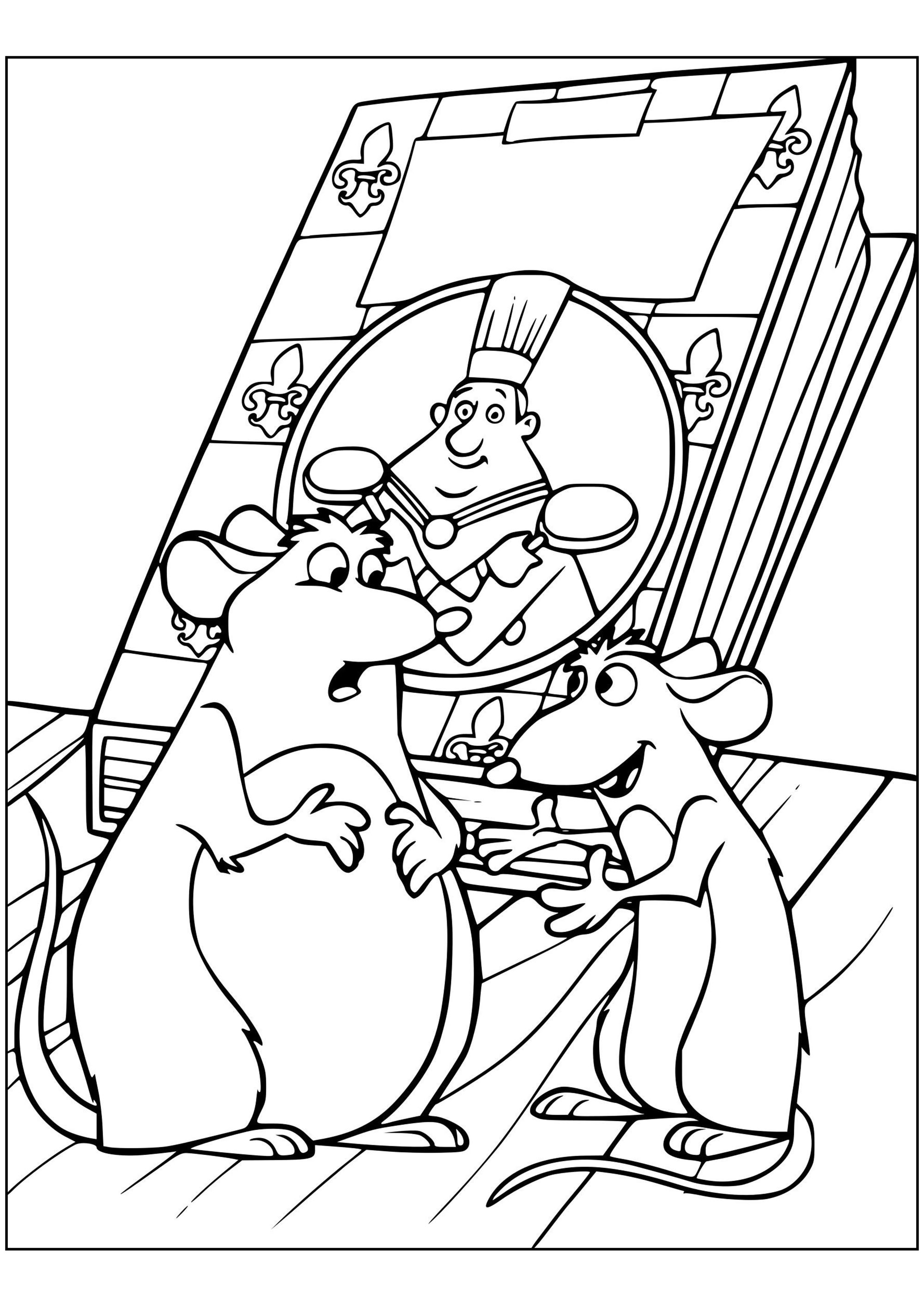 Ratatouille and Django with a book by Gusteau - Ratatouille Coloring Pages