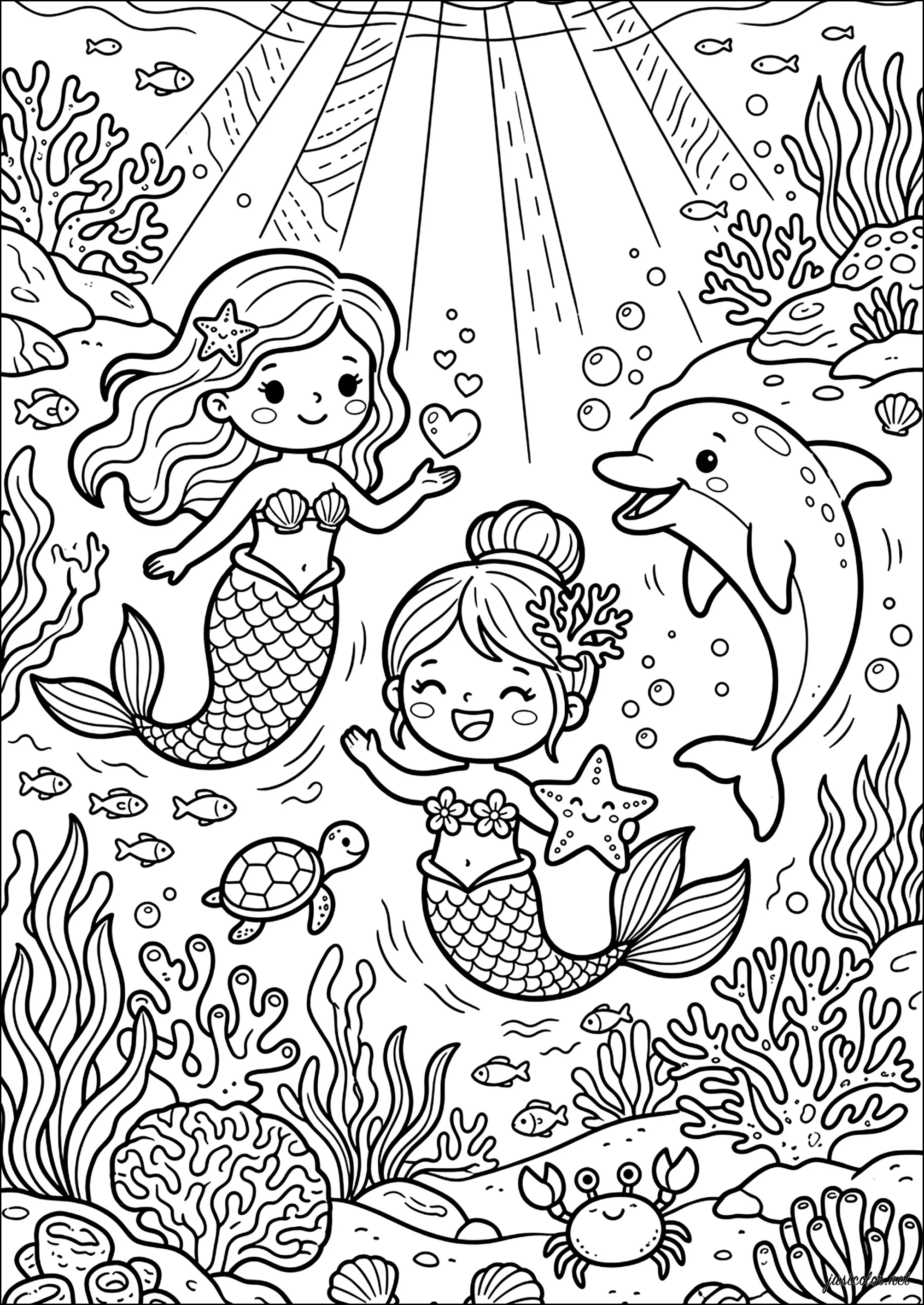 Two mermaids and their dolphin friend - Mermaid Coloring Pages