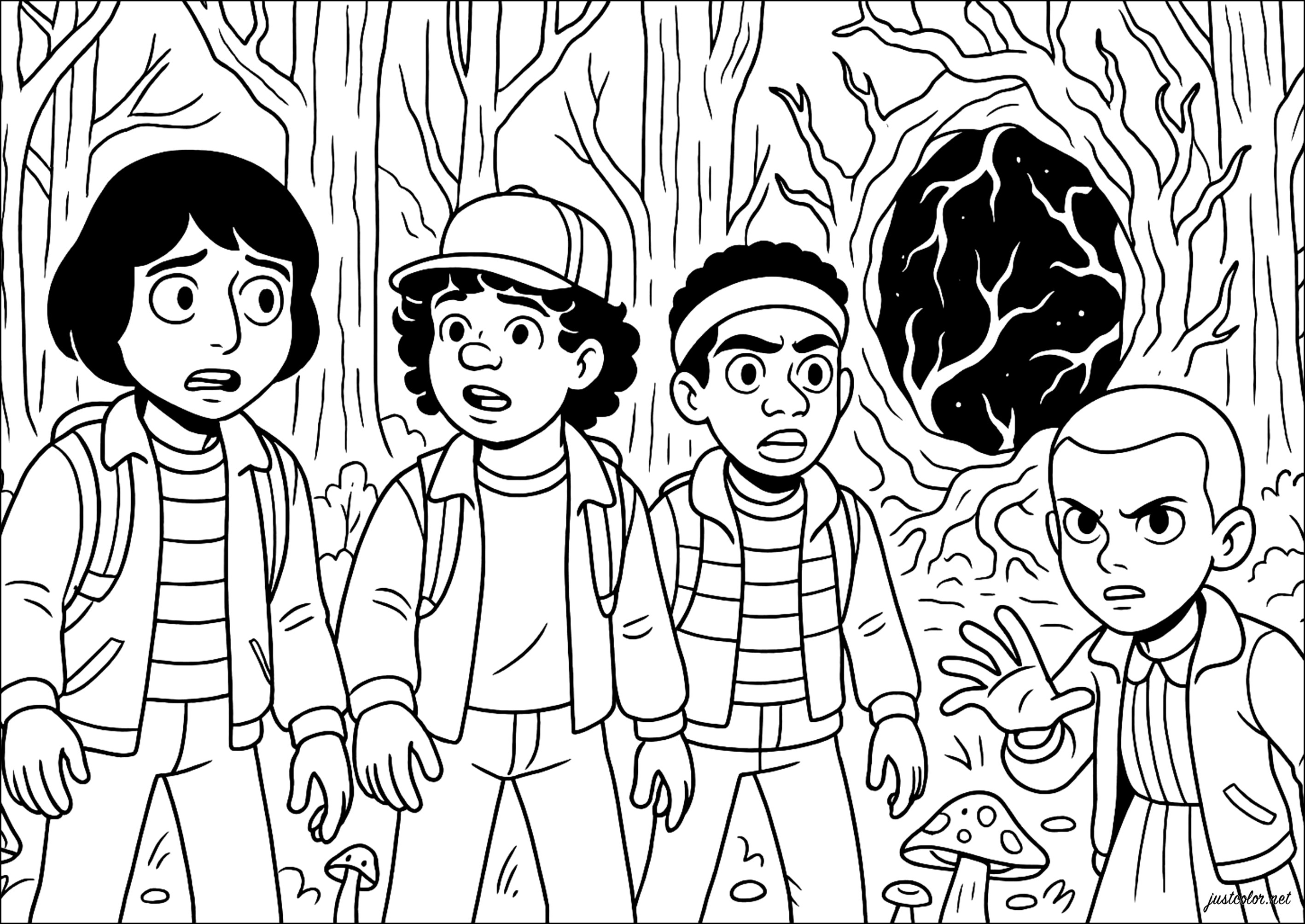 Mysterious exploration in the forest - Stranger Things Coloring Pages