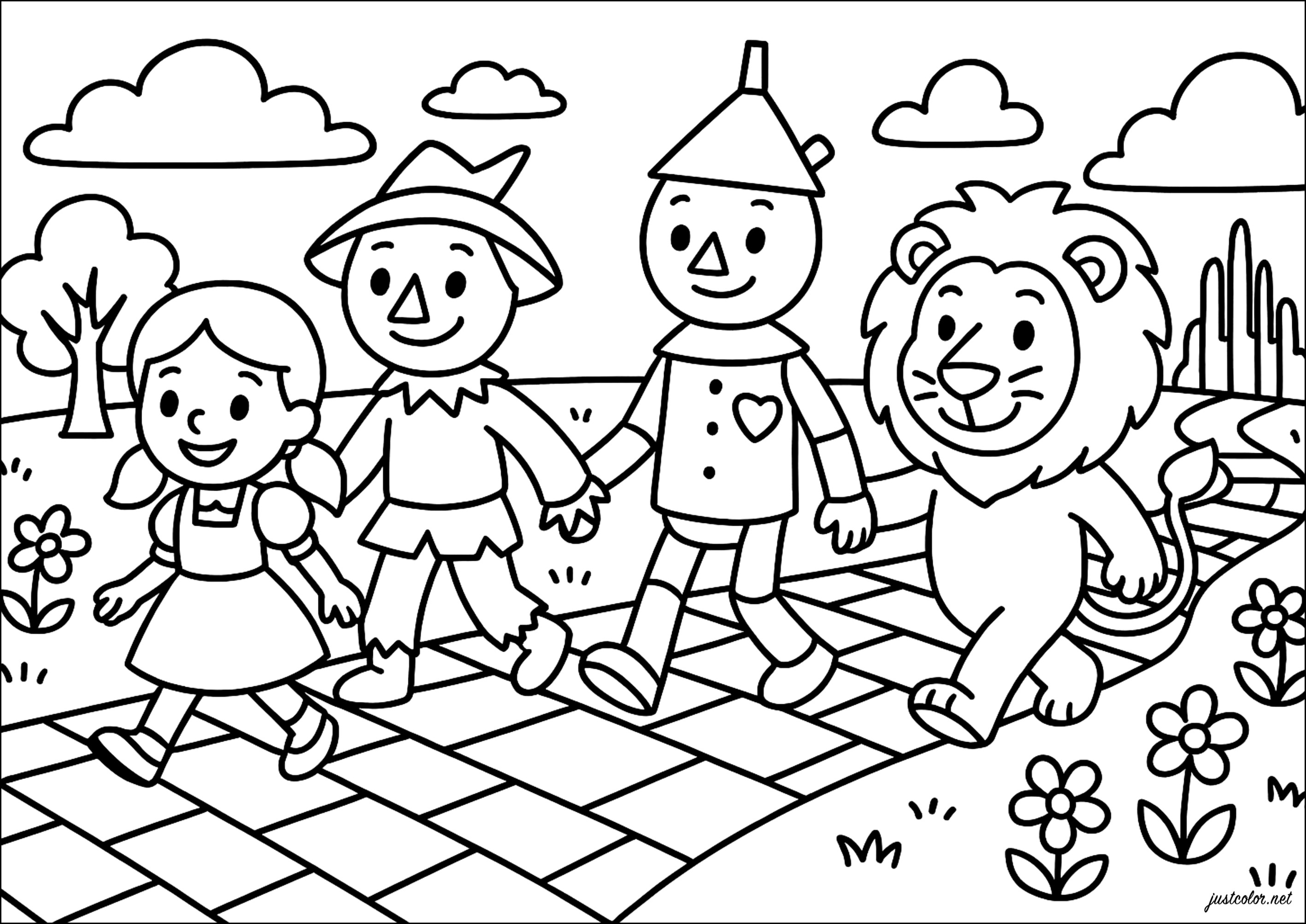 Friends on the Yellow Brick Road - The Wizard of Oz Coloring Pages