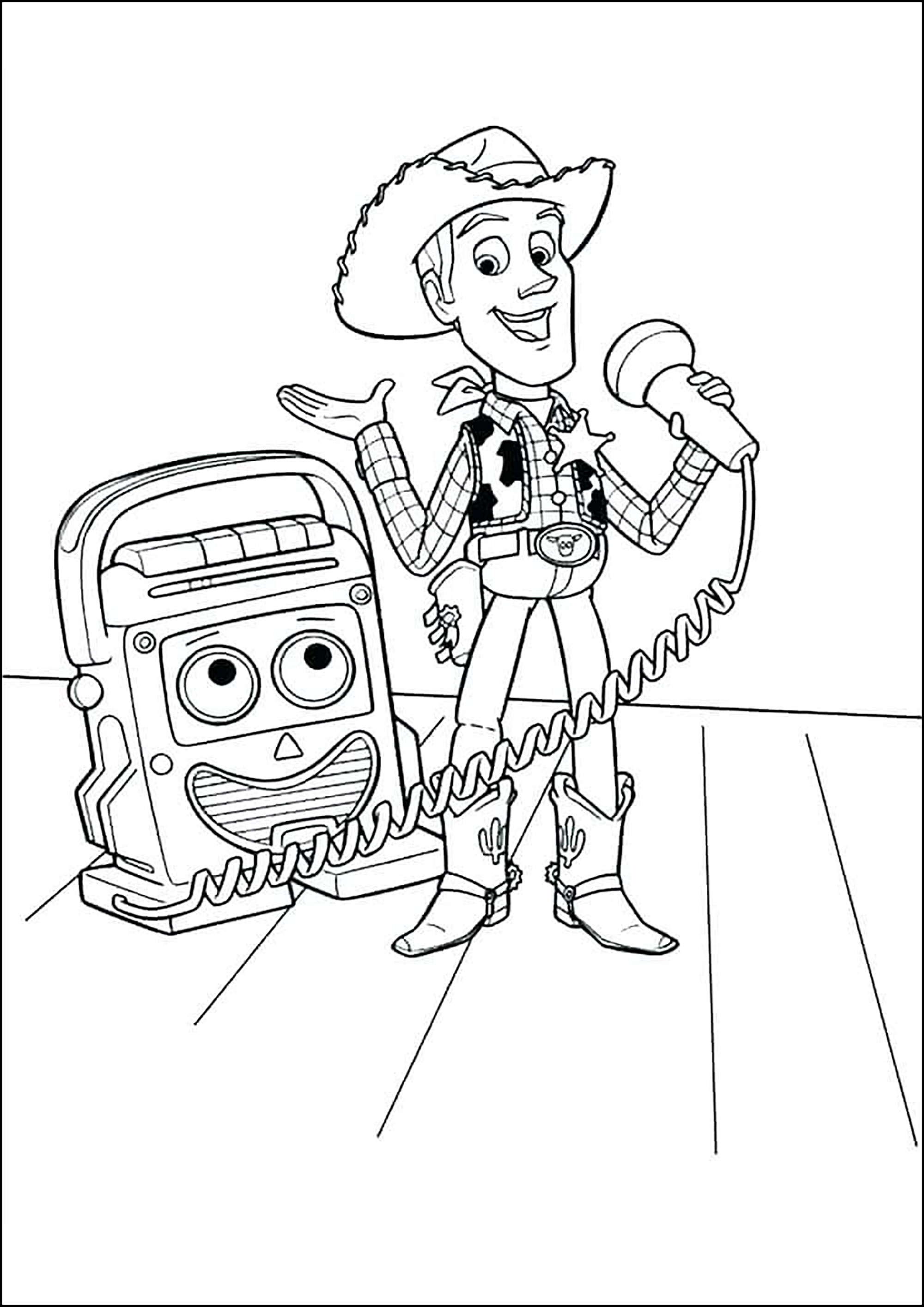 Woody sings with his friend the cassette recorder - Toy Story Coloring ...