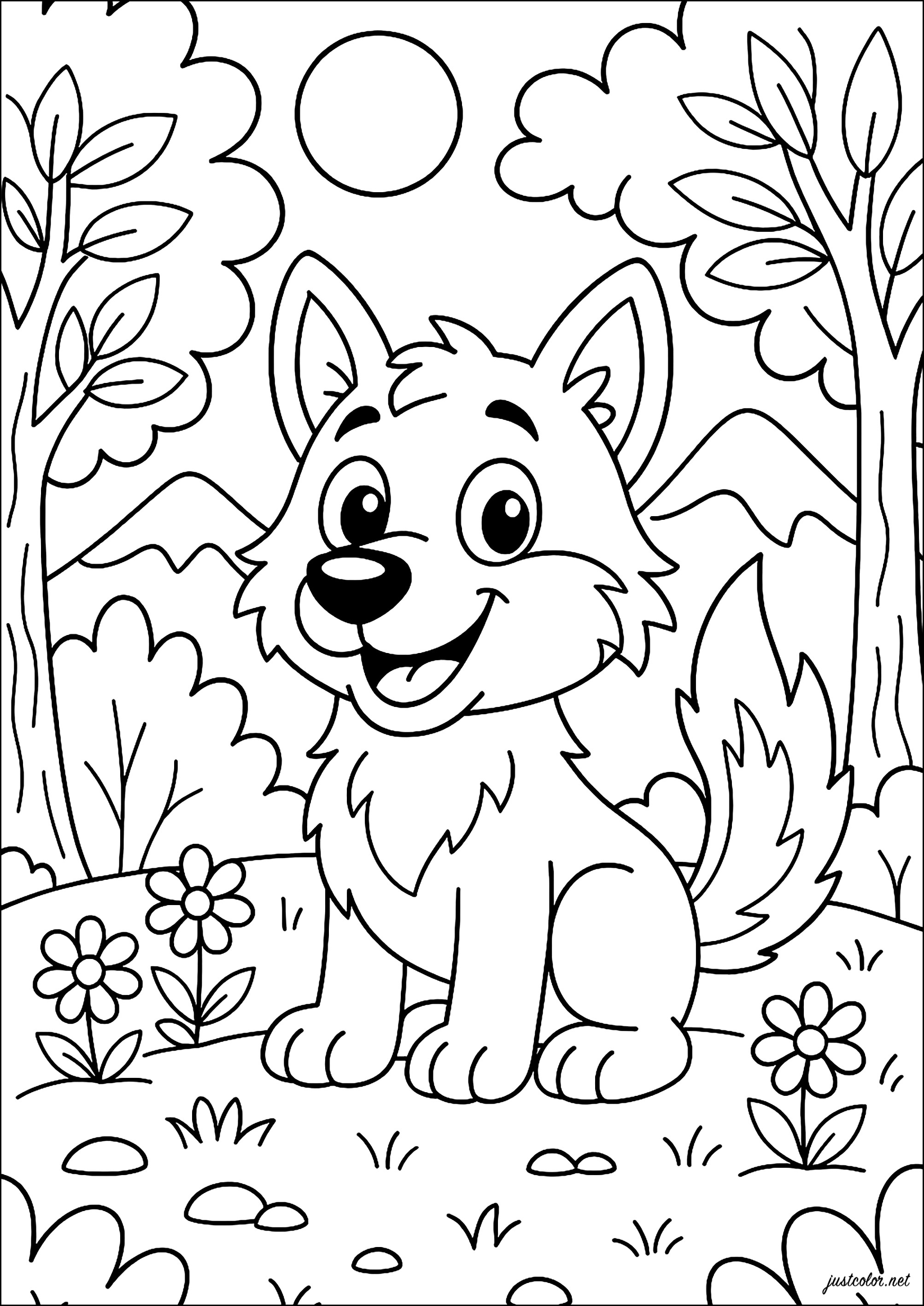 A smiling wolf in the wild - Wolf Coloring Pages