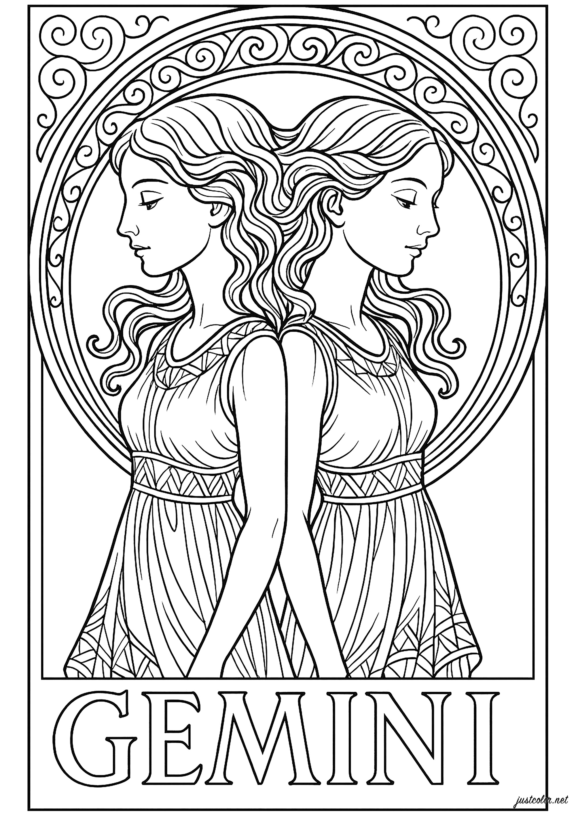 Gemini sign represented by two women - Zodiac Sign Coloring Pages